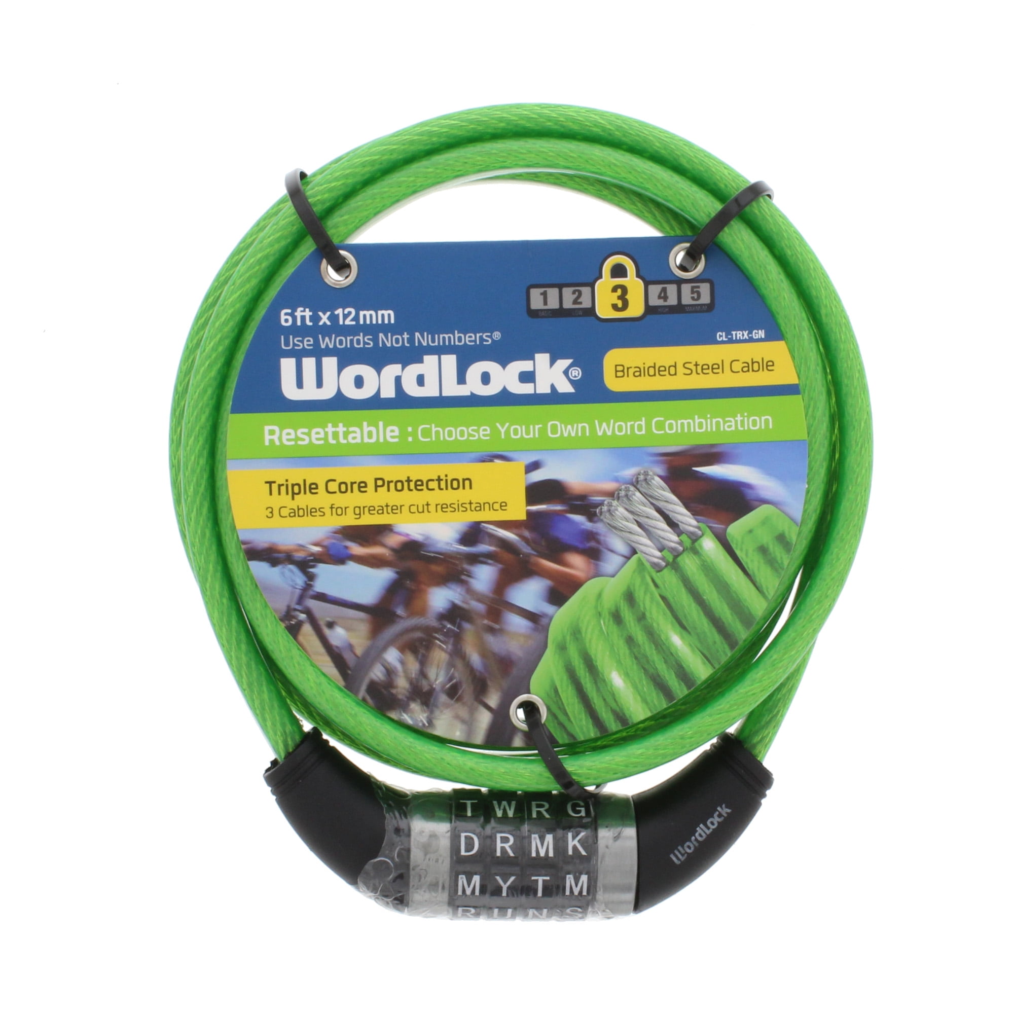 WordLock Triple Core Bike Lock 6ft x 12mm Resettable Steel Cable Green ...