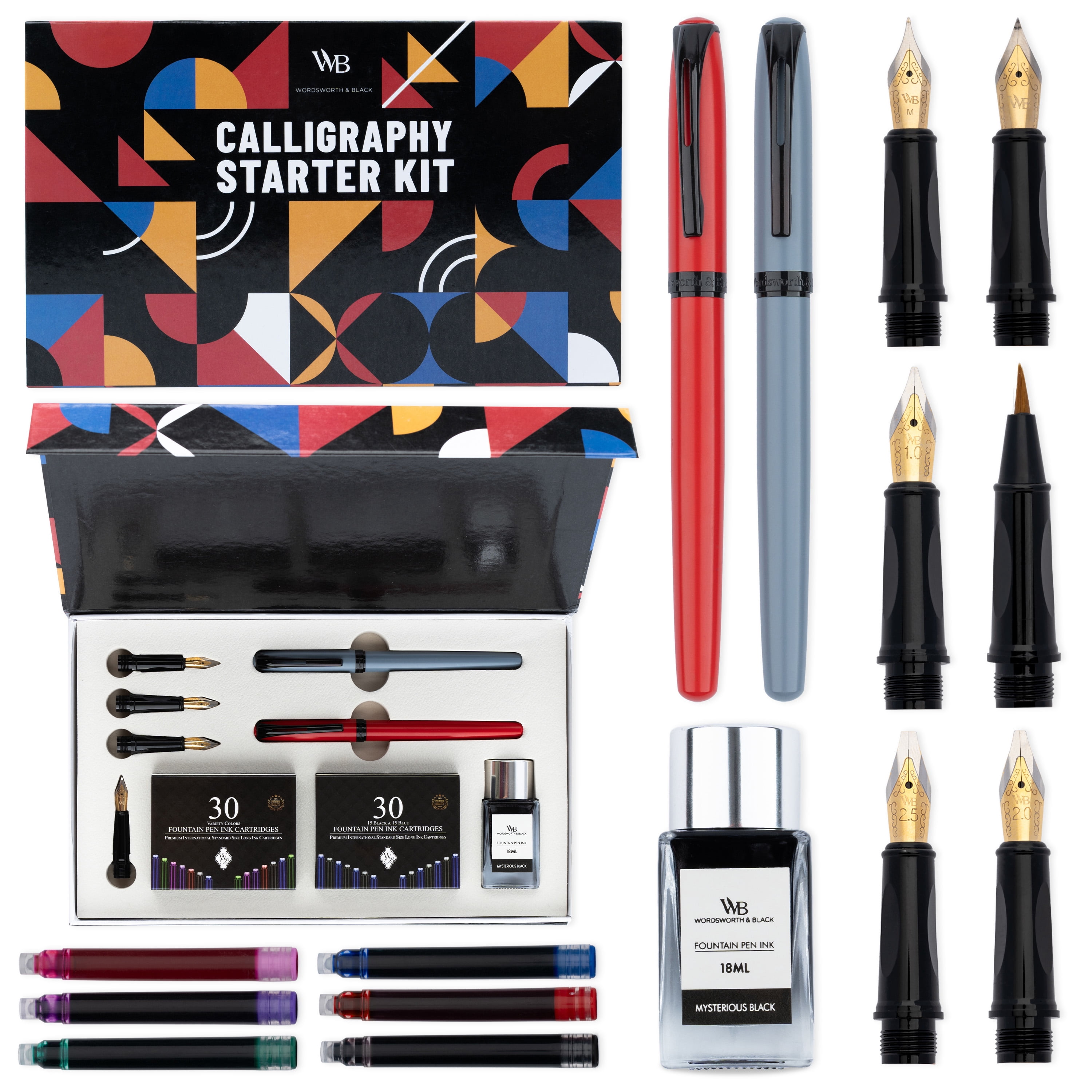 Wordsworth & Black Calligraphy Fountain Pen Set - 2 Pens, 30ml Black ...