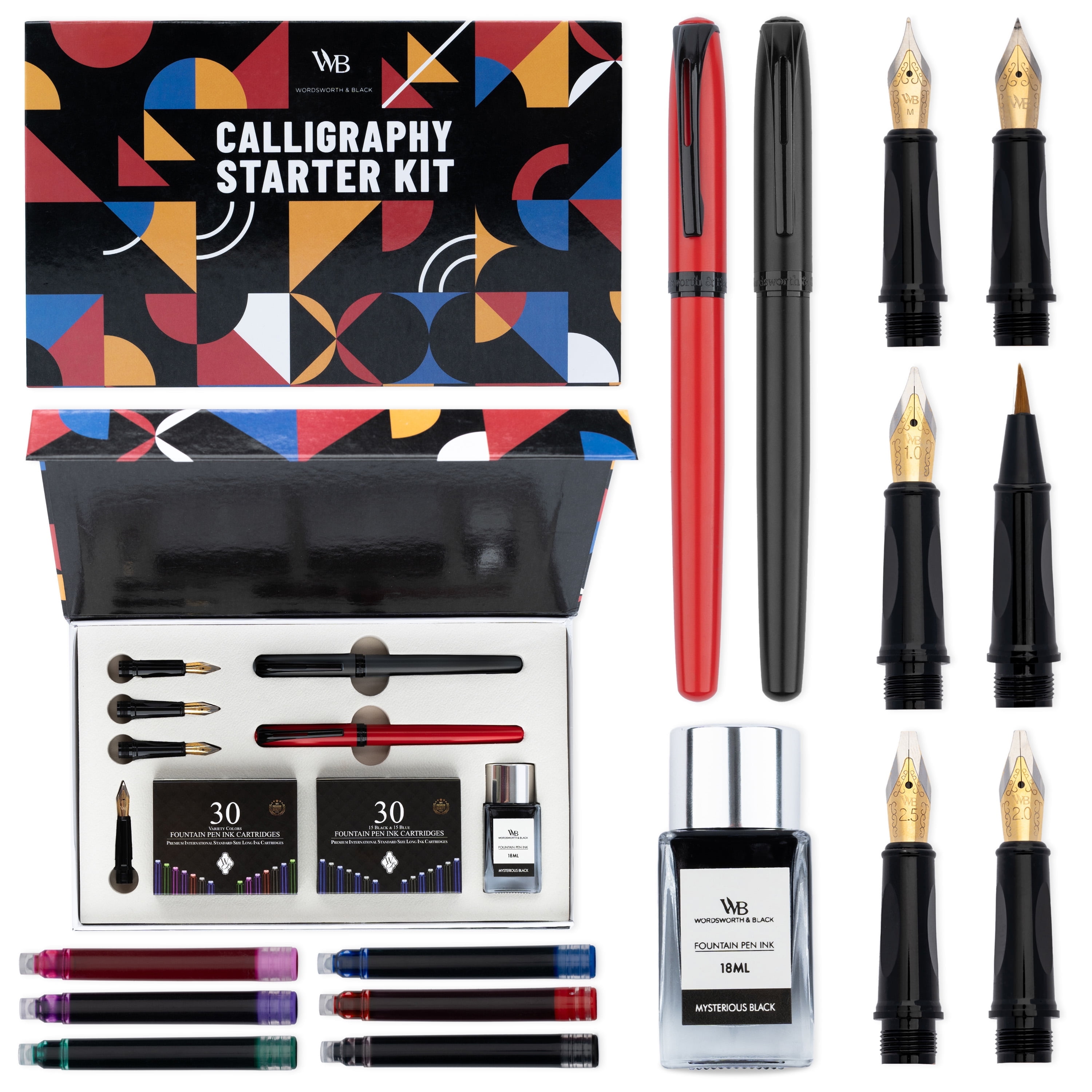 Wordsworth & Black Calligraphy Fountain Pen Set - 2 Pens, 30ml Black ...