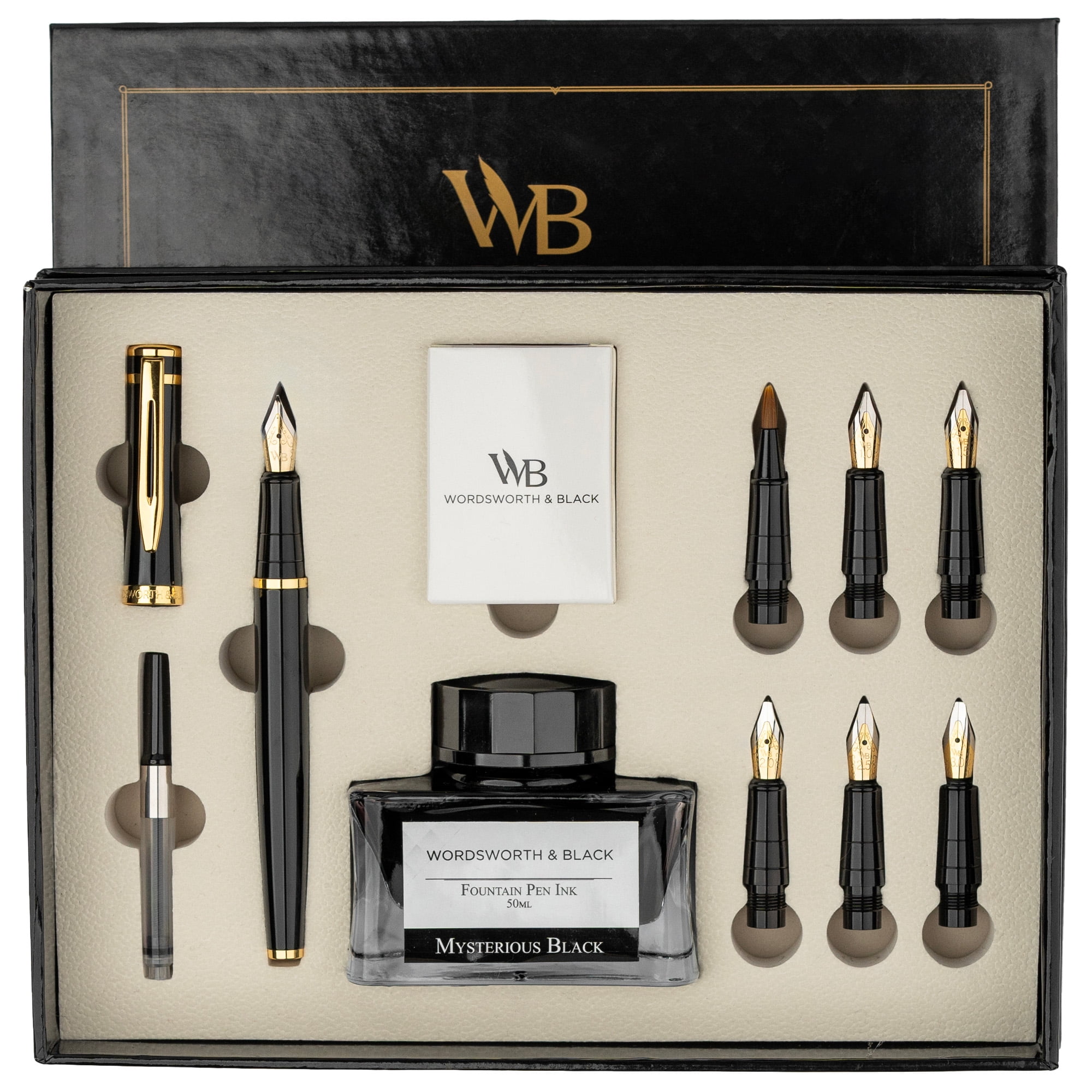 Wordsworth & Black Calligraphy Pen Gift Set, Black Gold 6 Cartridges 1 ...