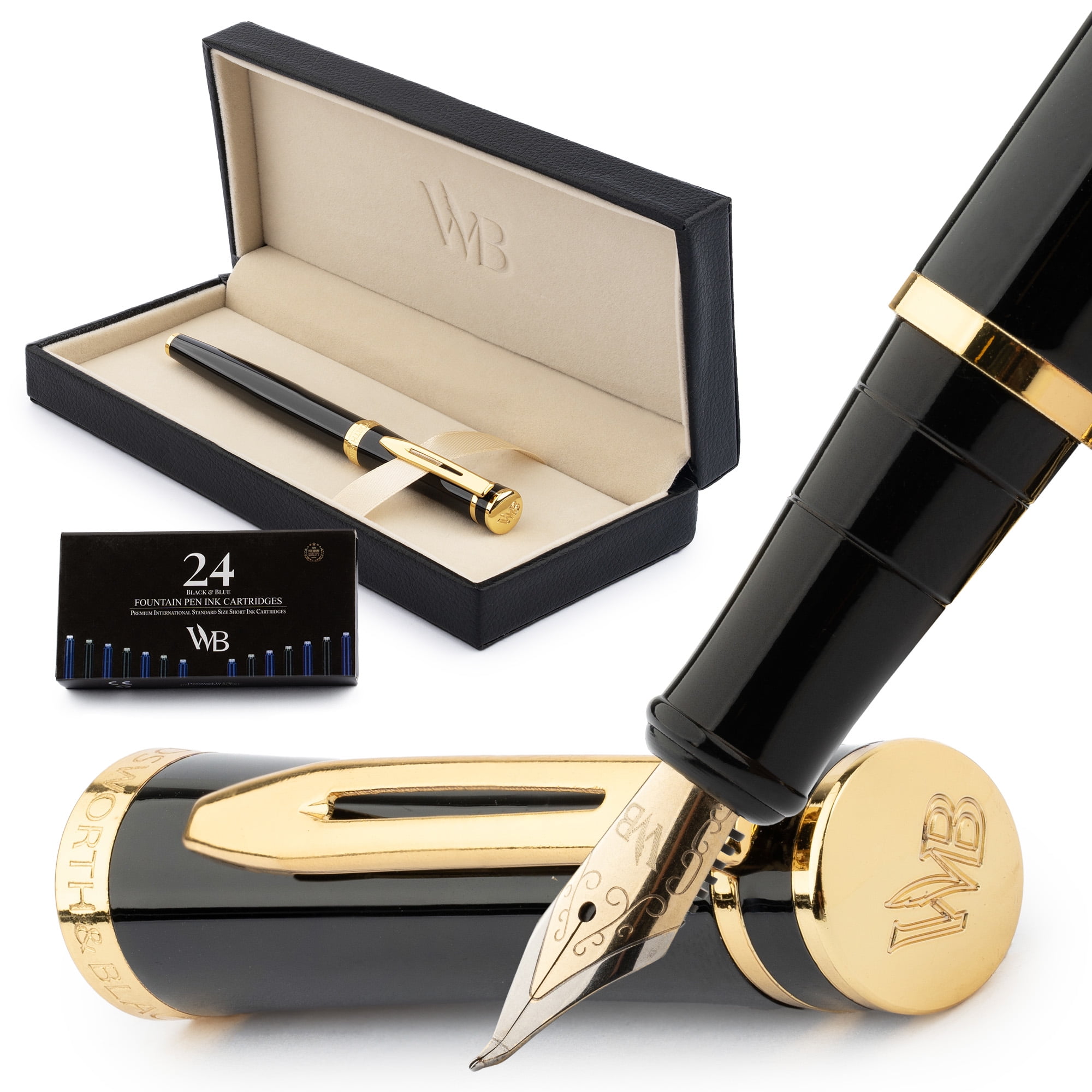 Wordsworth & Black Fountain Pen Set, 18K Gilded Bent Nib, Includes 24 ...