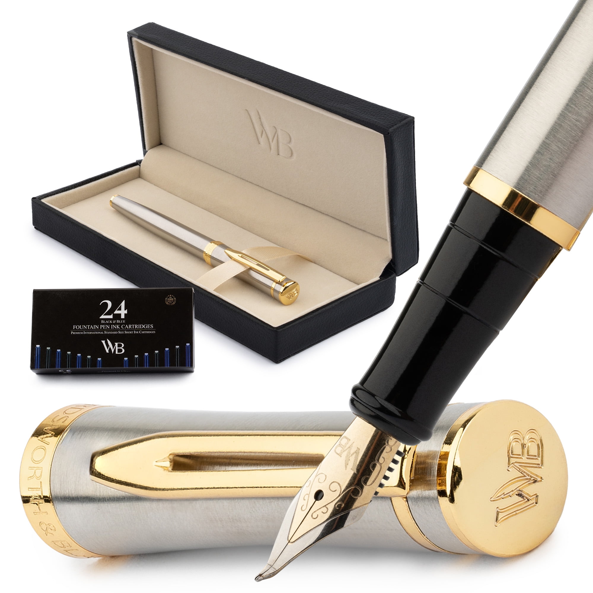 Wordsworth & Black Fountain Pen Set, 18K Gilded Bent Nib, Includes 24 ...