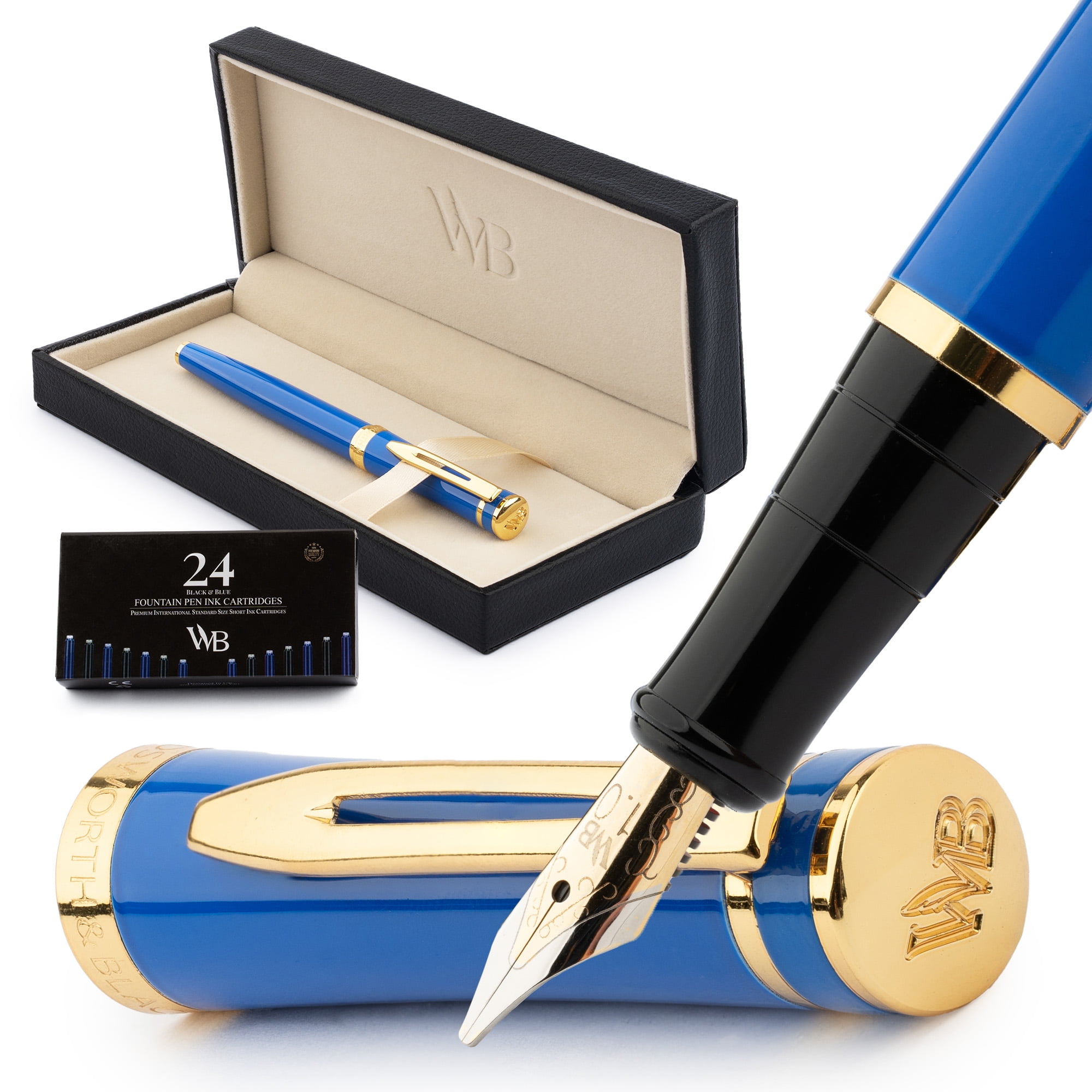Wordsworth & Black Fountain Pen Set, 18K Gilded Broad Nib, Includes 24 Pack Ink Cartridges, Ink ...