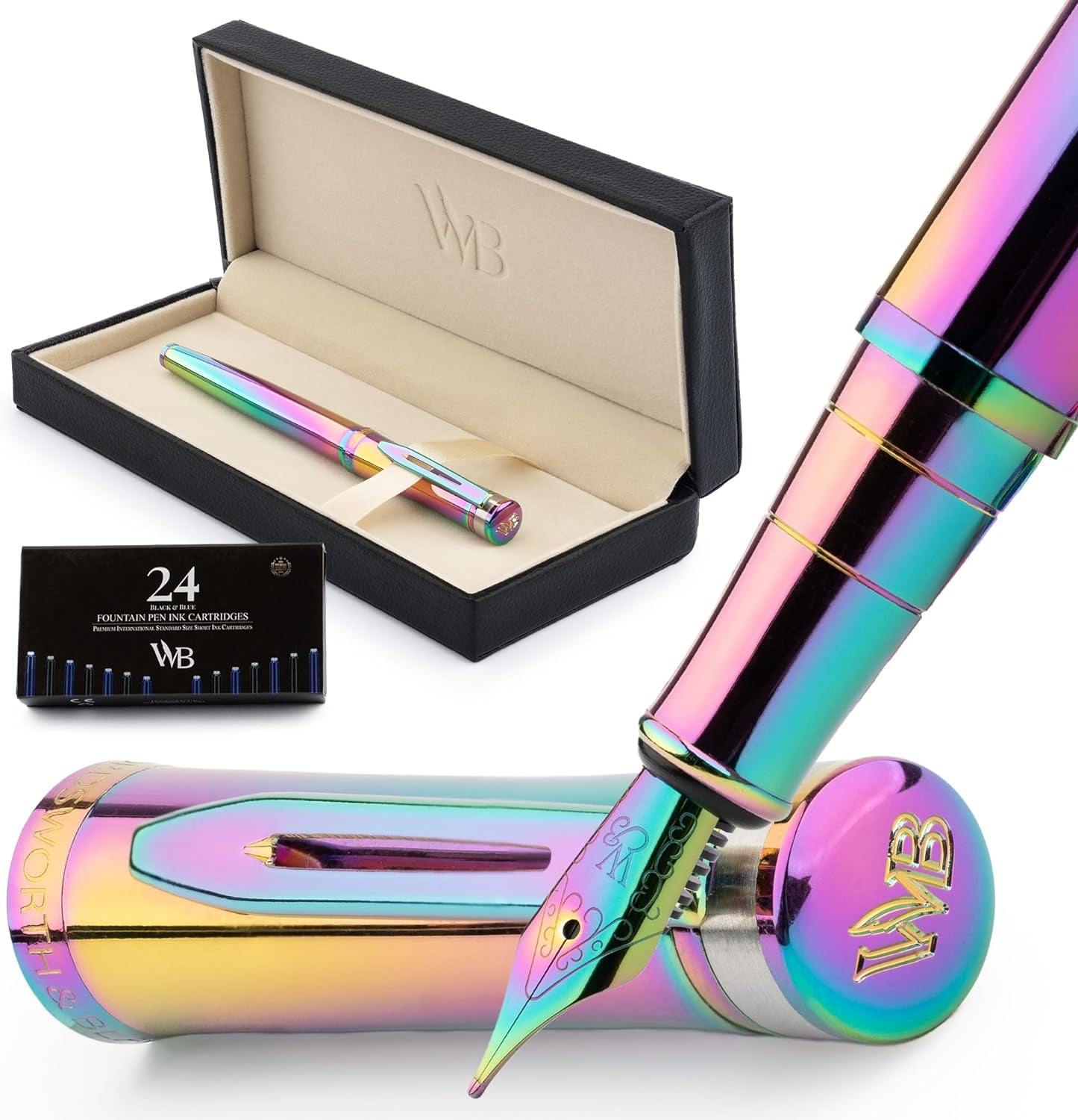 Wordsworth & Black Fountain Pen Set, 18K Gilded Medium Nib, Includes 24 ...