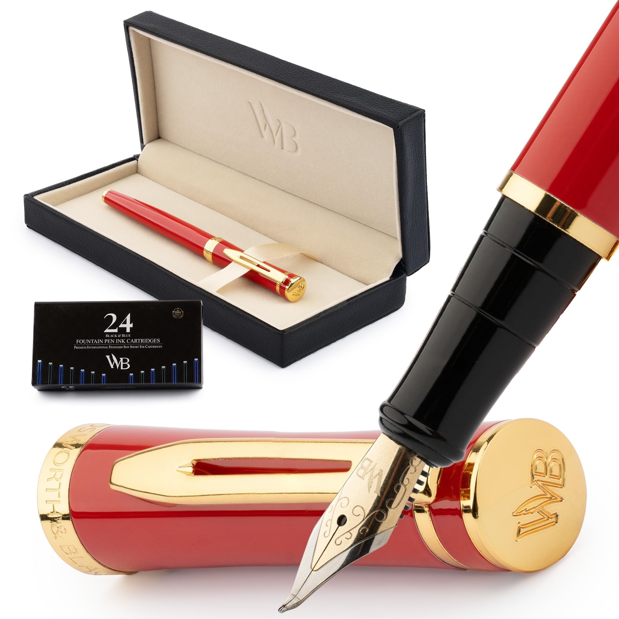 Wordsworth & Black Fountain Pen Set, Bent Nib, Includes 24 Pack Ink ...