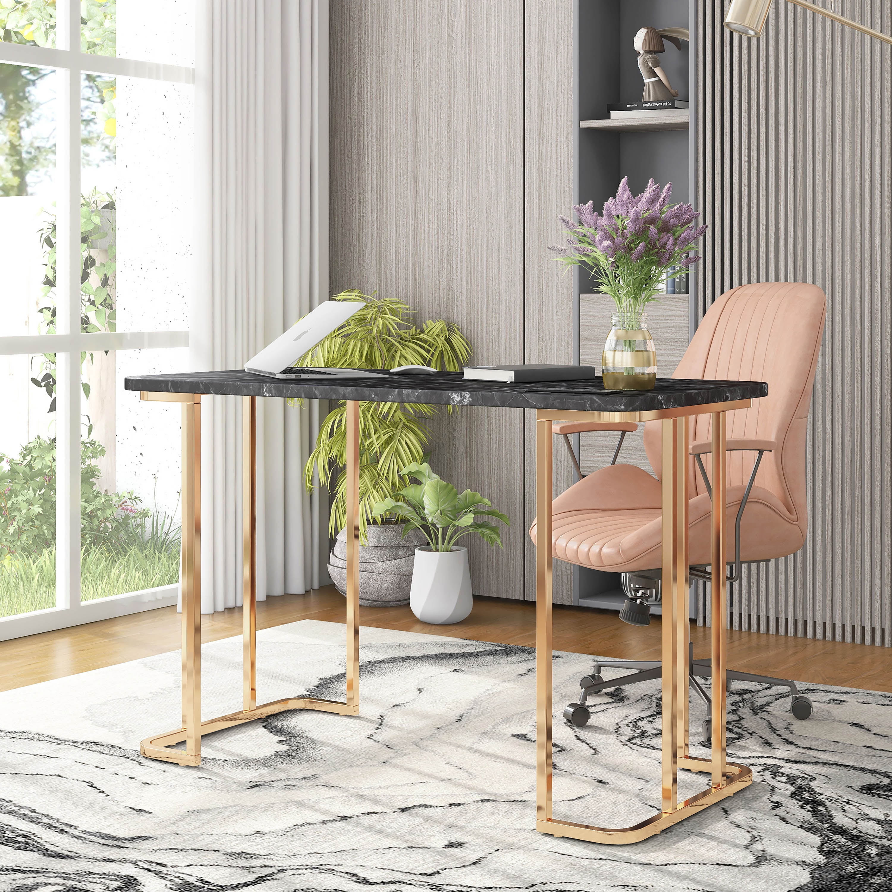 Woren Faux Marble Top Writing Desk with USB Ports, Black and Gold ...