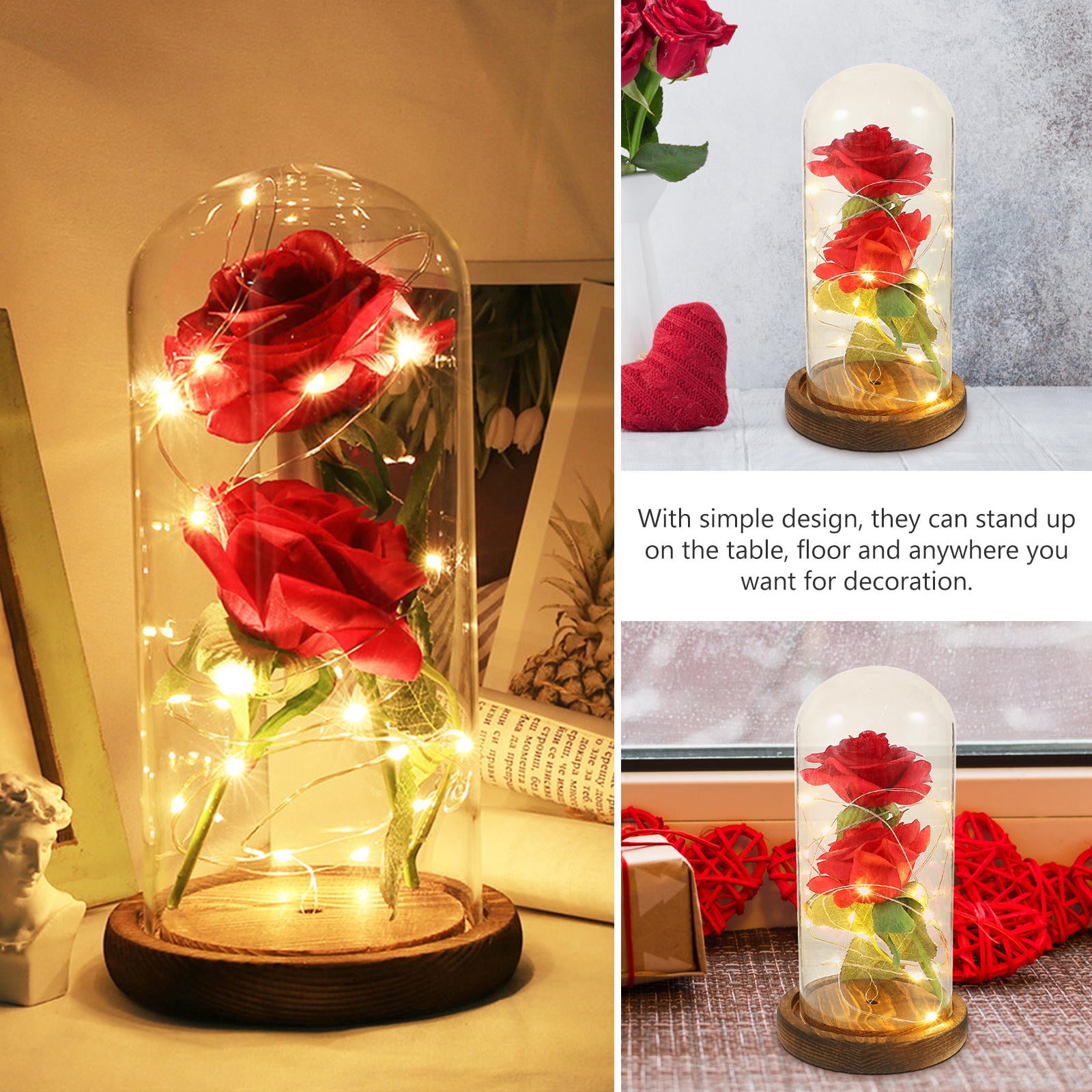 Worgeous 2 Eternal Glass Dome Lamp Table Artificial Rose Flowers Brown ...