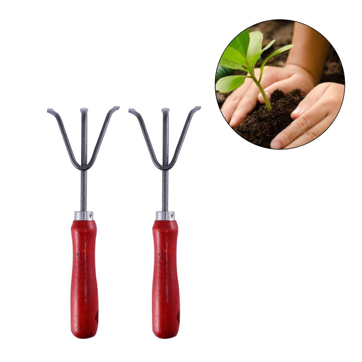 Worgeous 2PCS Three-tooth Weeding Rake Red Iron Wood for Small Gardens ...