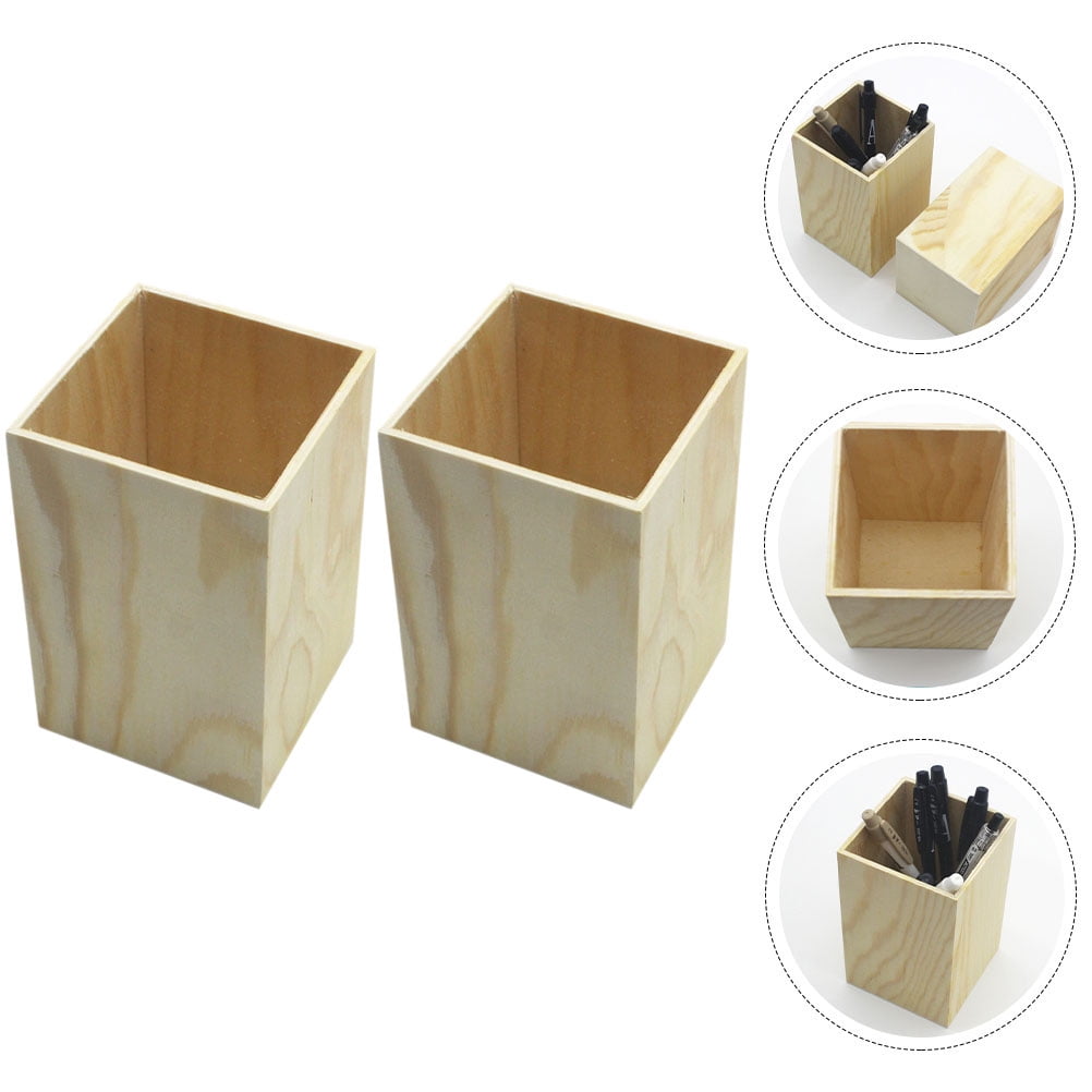 Worgeous 2Pcs Wooden Pen Container Beige Square Desk Storage Box Pen ...