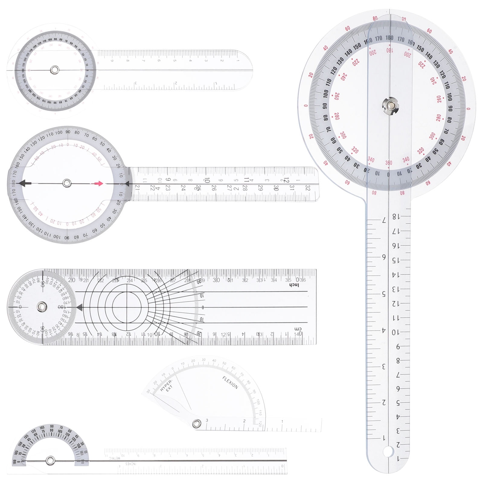 Worgeous 6PCS Goniometer 360 Degree Plastic Angle Protractor 6 8 12 ...