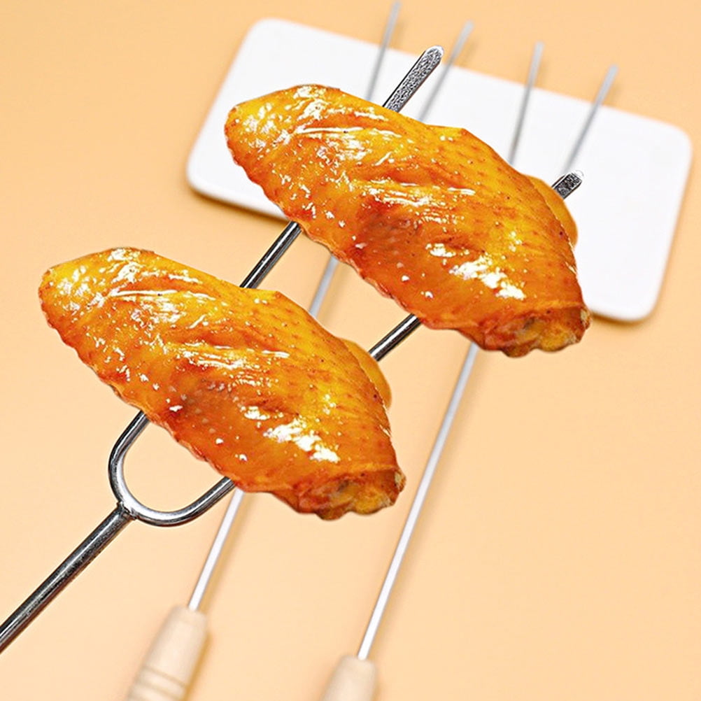 Worgeous 6Pcs Wooden Handle Stainless Steel BBQ Forks U Type Barbecue Forks Sausage Fork ...