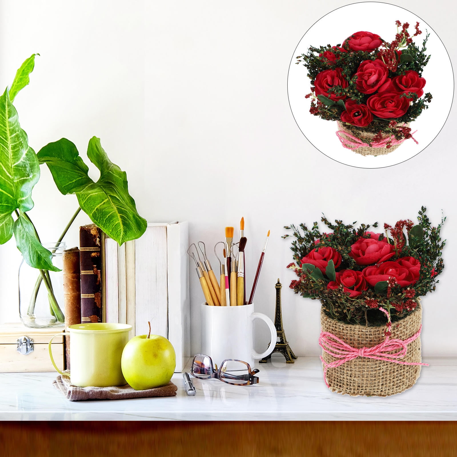 Worgeous Faux Roses Fake Potted Silk Flowers for Home Decor Artificial ...