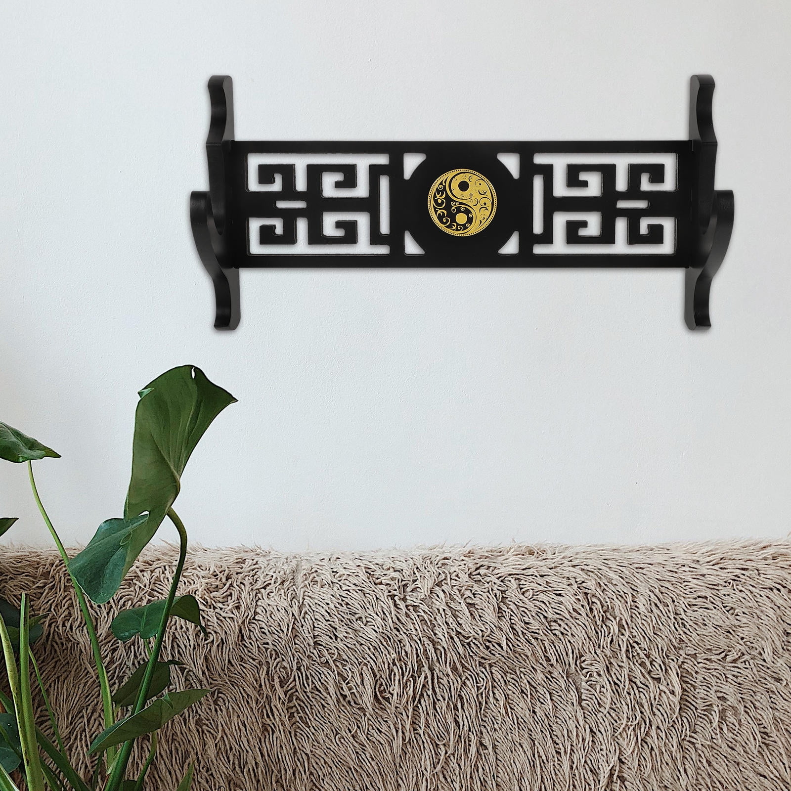 Worgeous Hollow Carved Design Black Wood Sword Rack 1Pack Wall Mount ...
