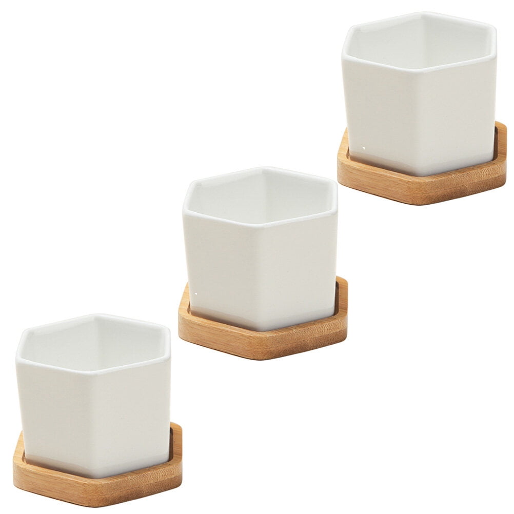 Worgeous White Ceramic Hexagonal Plant Pots with Bamboo Trays Set of 3 ...