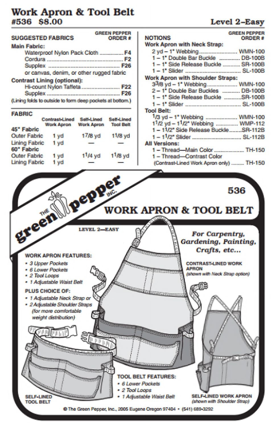 Work Apron & Tool Belt #536 Sewing Pattern (Pattern Only) - Walmart.com