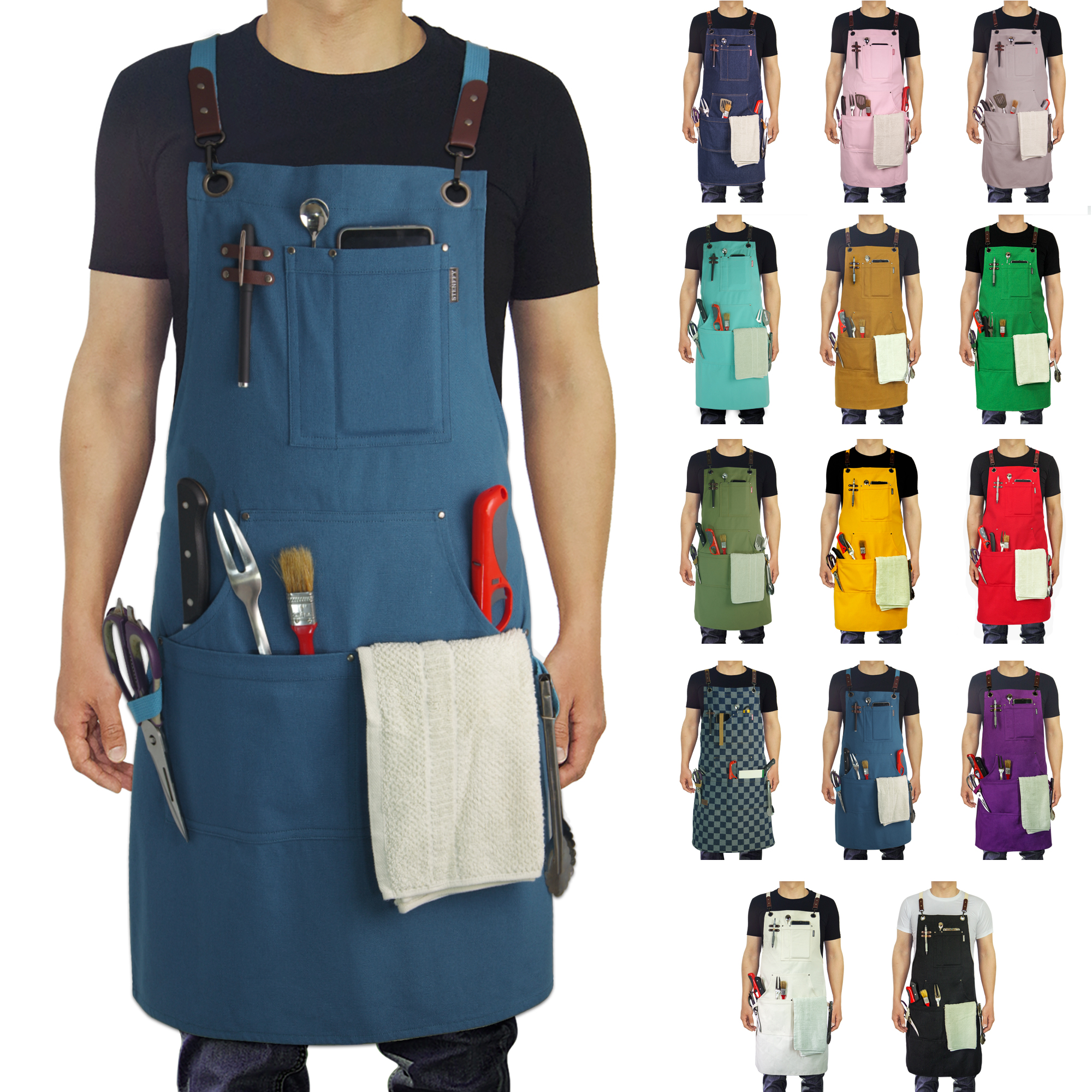 WHITEDUCK Men's Waxed Canvas Apron - Brown, 24oz, 7 Pockets, Cross Back Straps, for Workshop ...