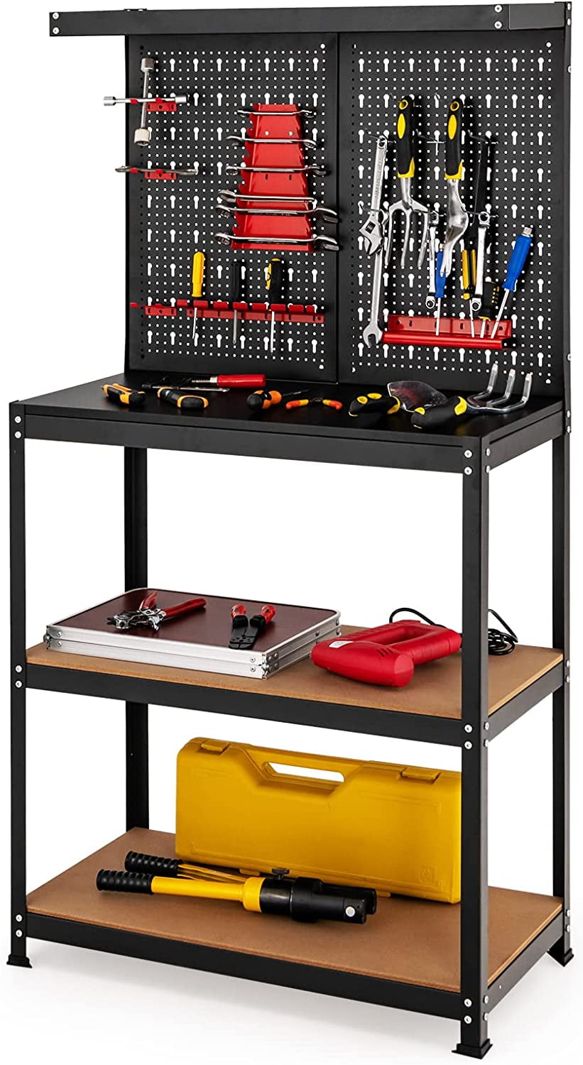 Work Bench, Heavy-Duty Workbench with Tool Storage, Metal Workbench ...