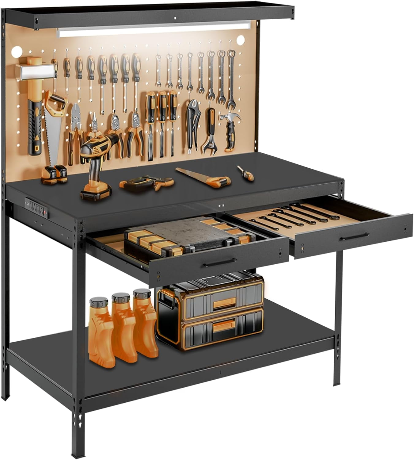 Work Bench, Work Benches for Garage, Garage Workbench with Power Outlets and Light, A3 Steel ...