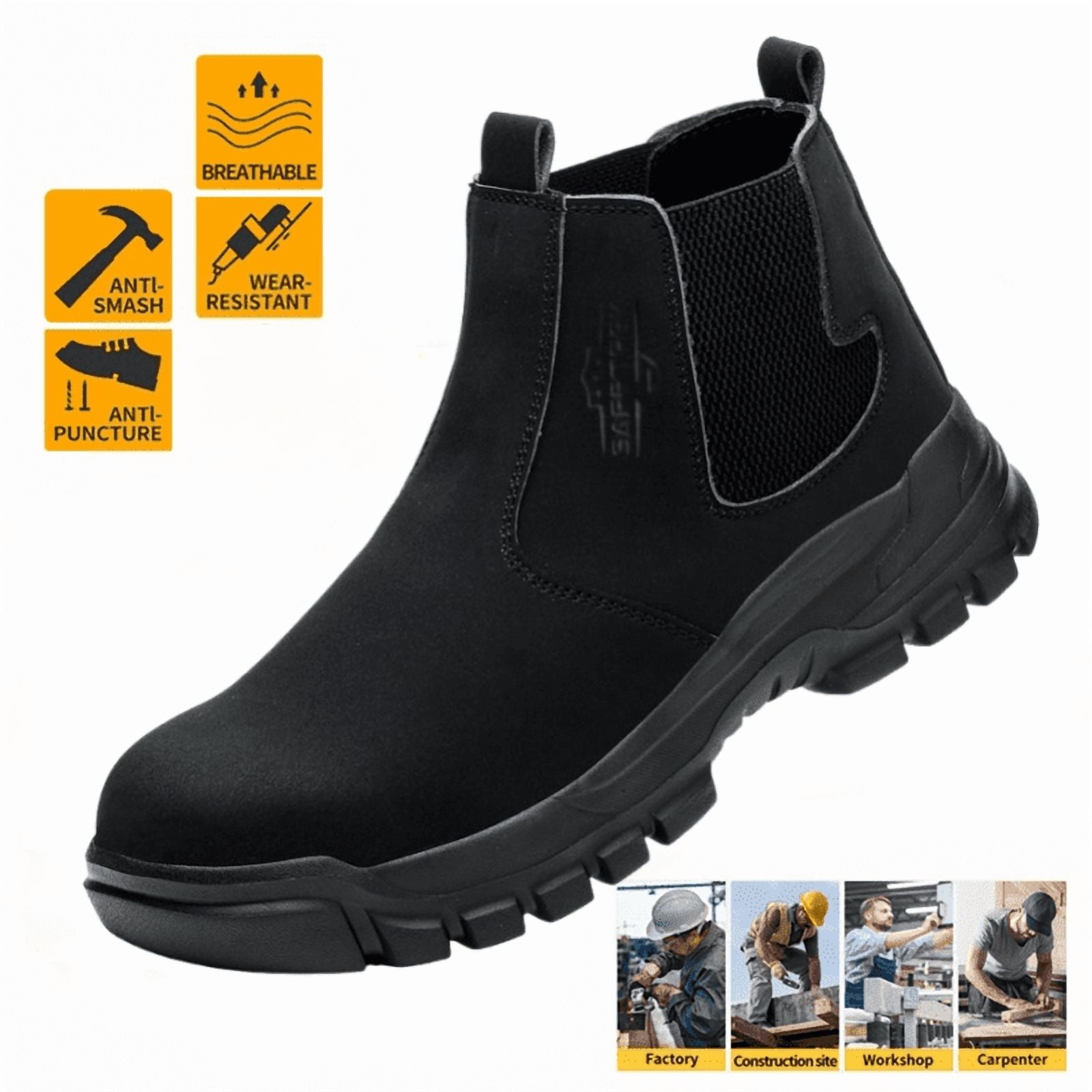 Work Boots for Men, Slip On Steel Toe Chelsea Safety Boots, Waterproof ...