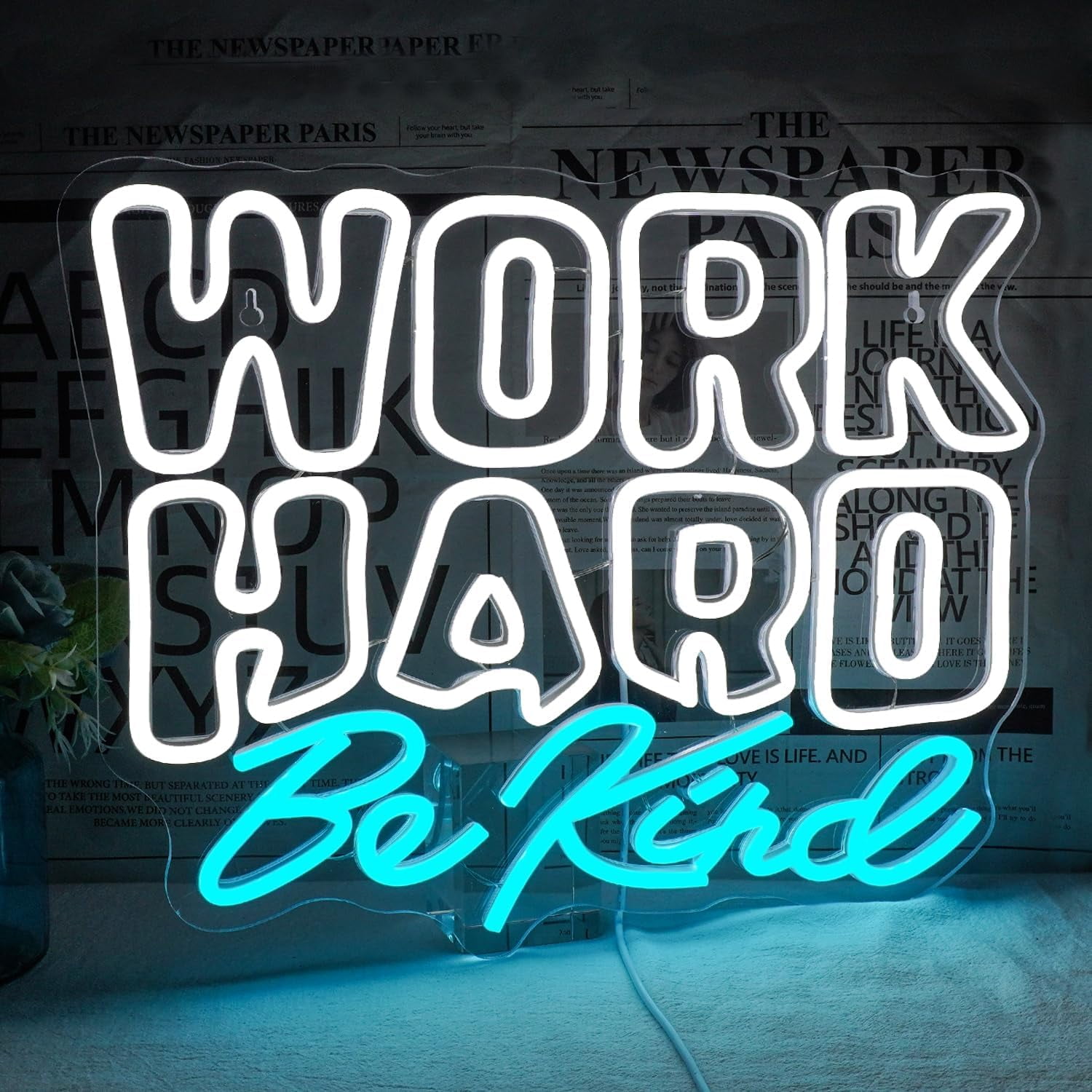 Work Hard Be Kind Neon Sign, Dimmable Neon Signs for Wall Decor, White ...