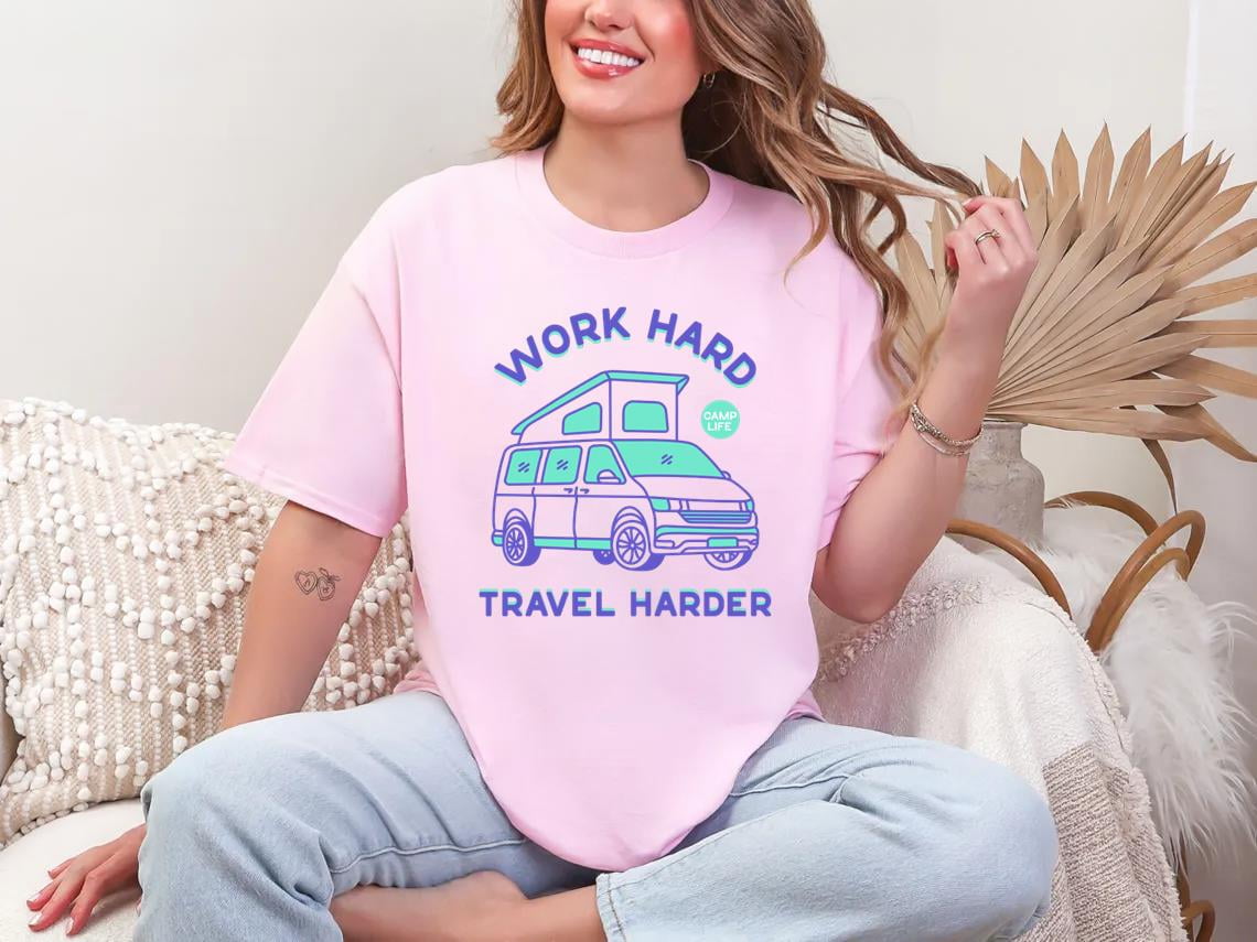 Work Hard Travel Harder T-Shirt Bold Explorer Wanderlust Vibe, for men & women, up to size 5XL ...
