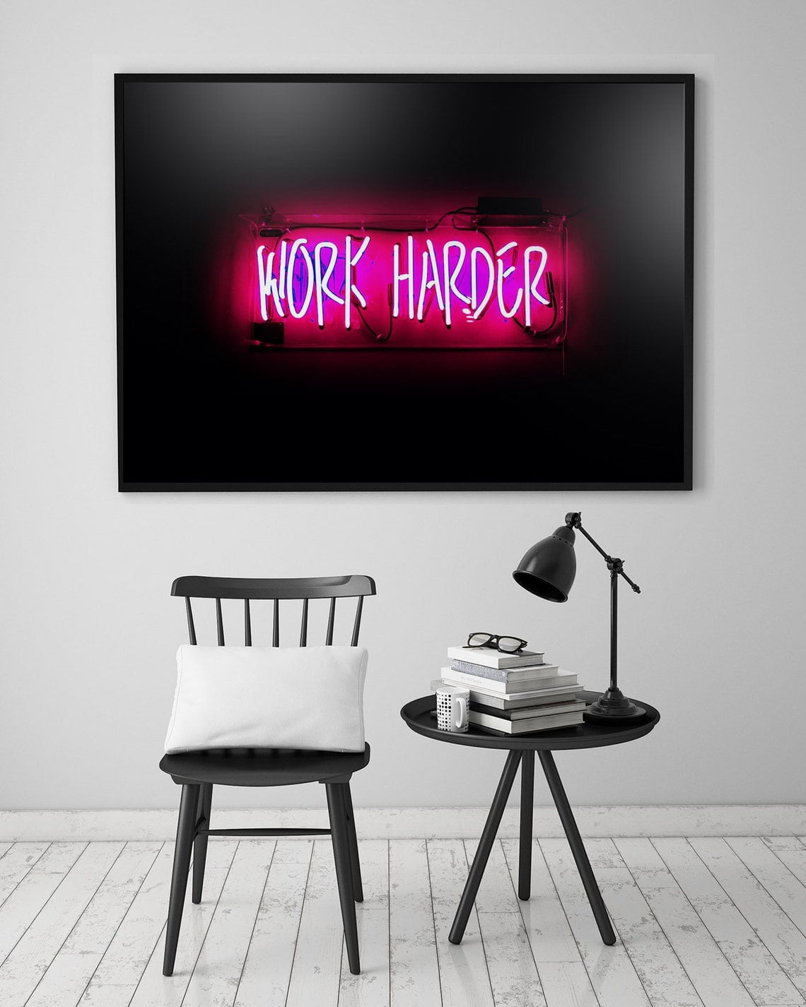 Work Harder Neon Landscape Print, Pink Neon Art Print, Phrase Art ...