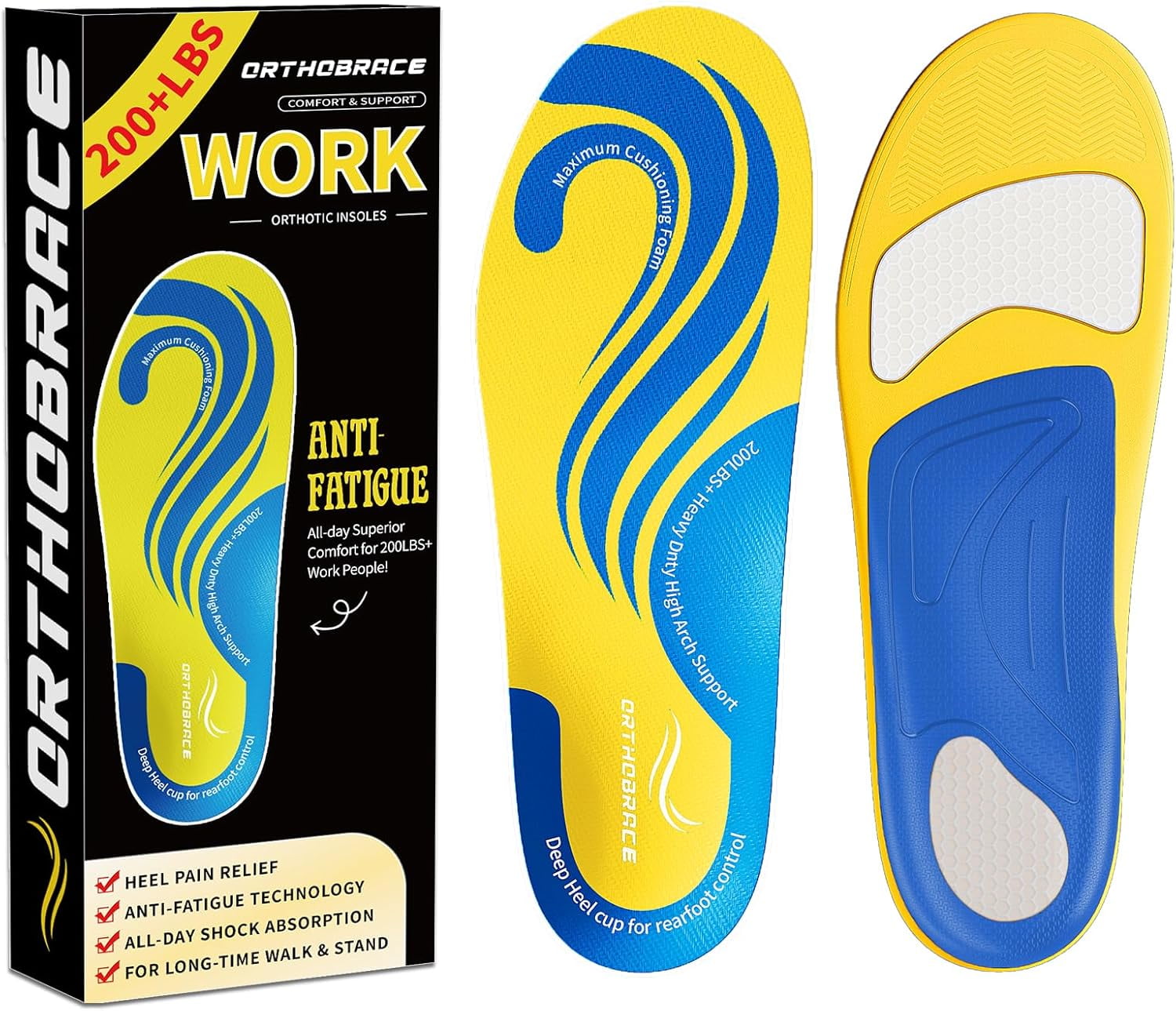 Work Insoles, 200+lbs Heavy Duty Medium and High Arch Support Inserts ...