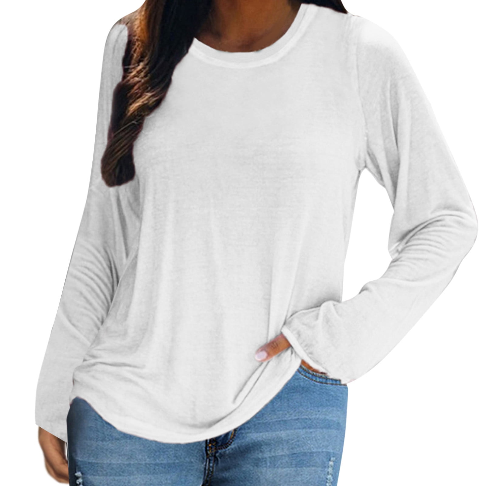 Work Shirts for Women Long Sleeve Crew Neck Tee Shirts Solid Print ...