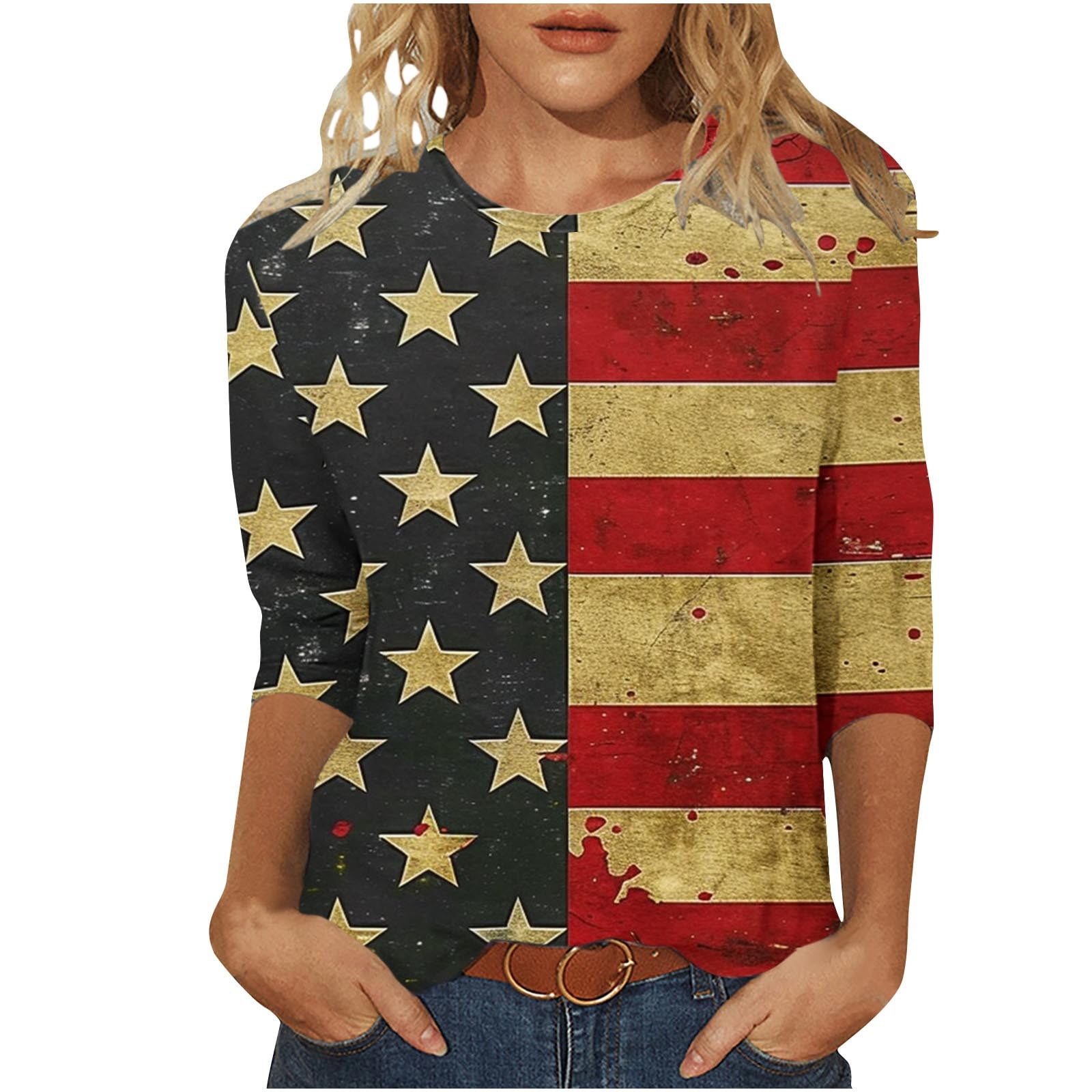 Work Shirts for Women in Clearance Womens American Flag Three Quarter ...
