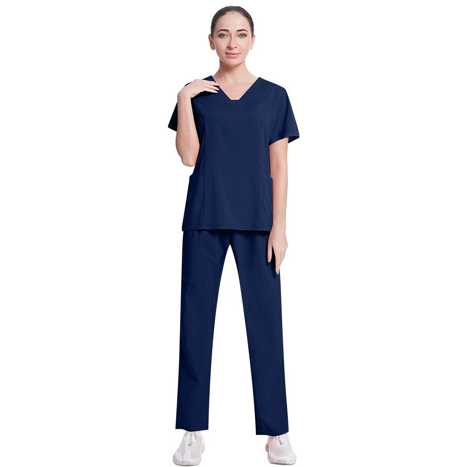 Work Short Sleeve Tunic 2 Piece for Women Basic Fall V Neck Plain Scrub ...