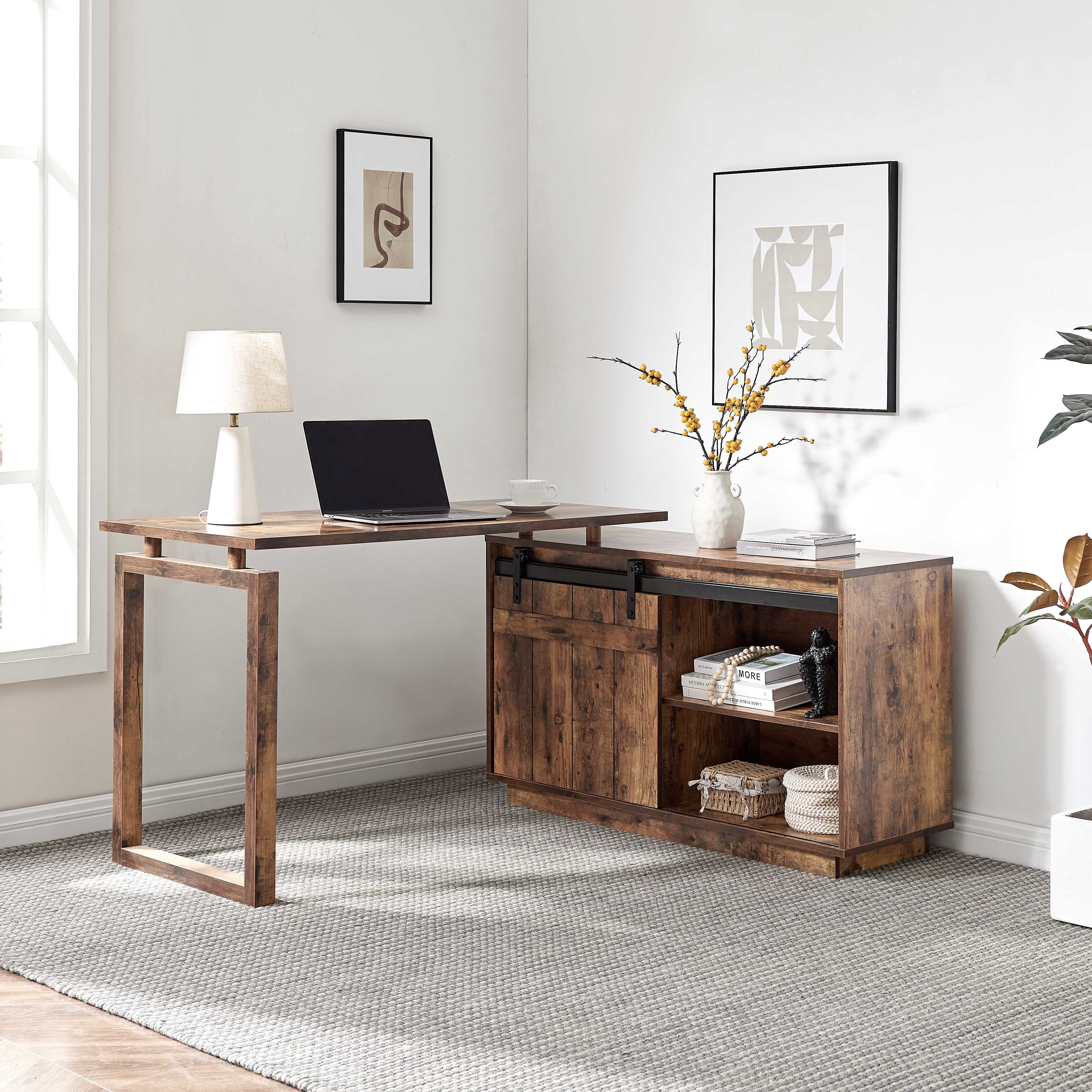 Work Surface Desk L-shaped Workstation Home Office attached storage ...