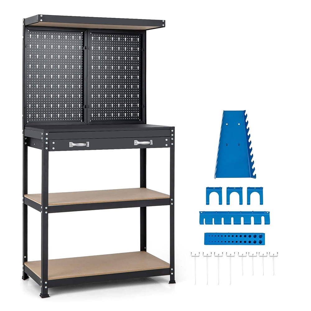 Work Table Tool Storage Bench, Sturdy Metal Workbench with 2 Tires of ...