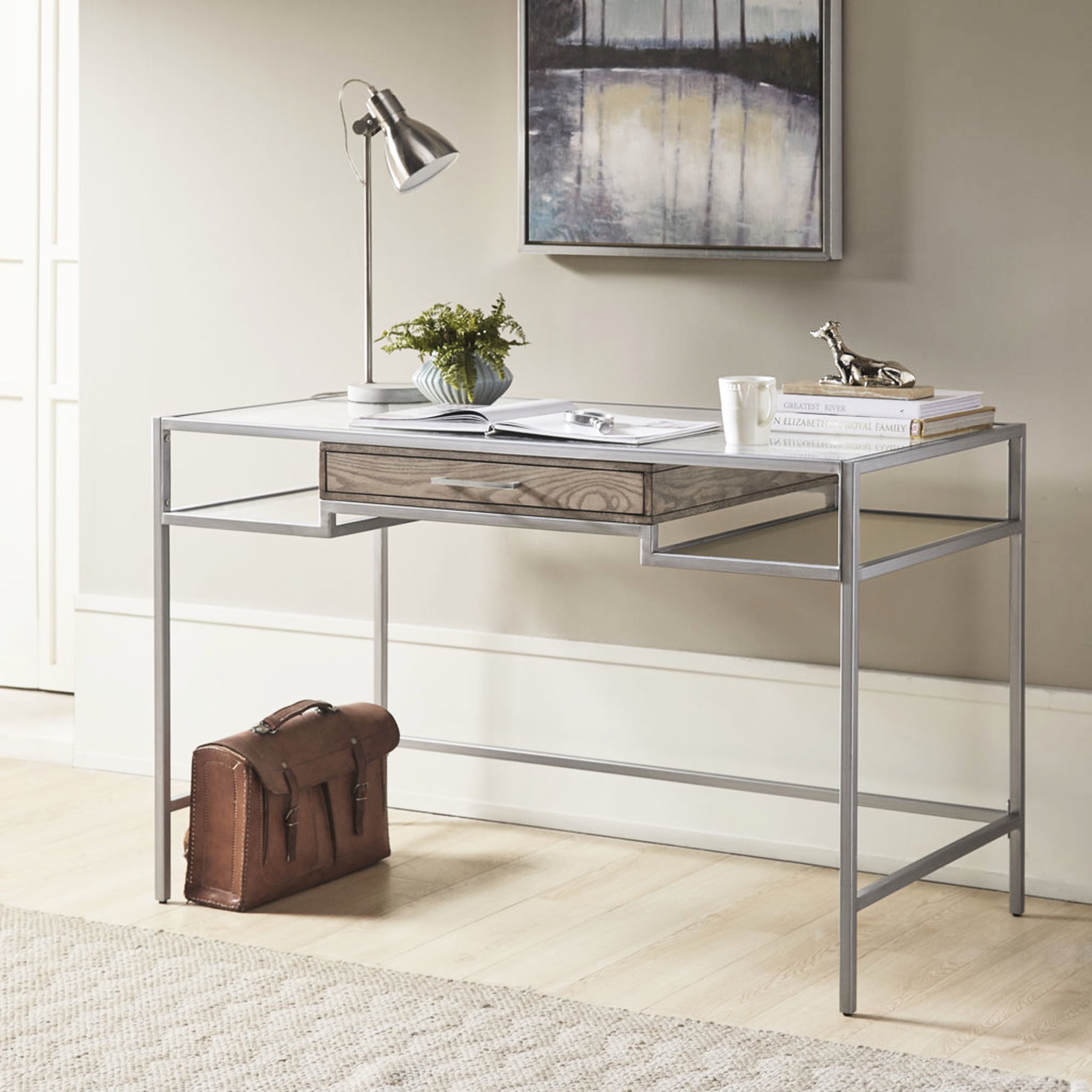 Work Table With Silver Metal And Tempered Glass Fashionable Office Desk ...