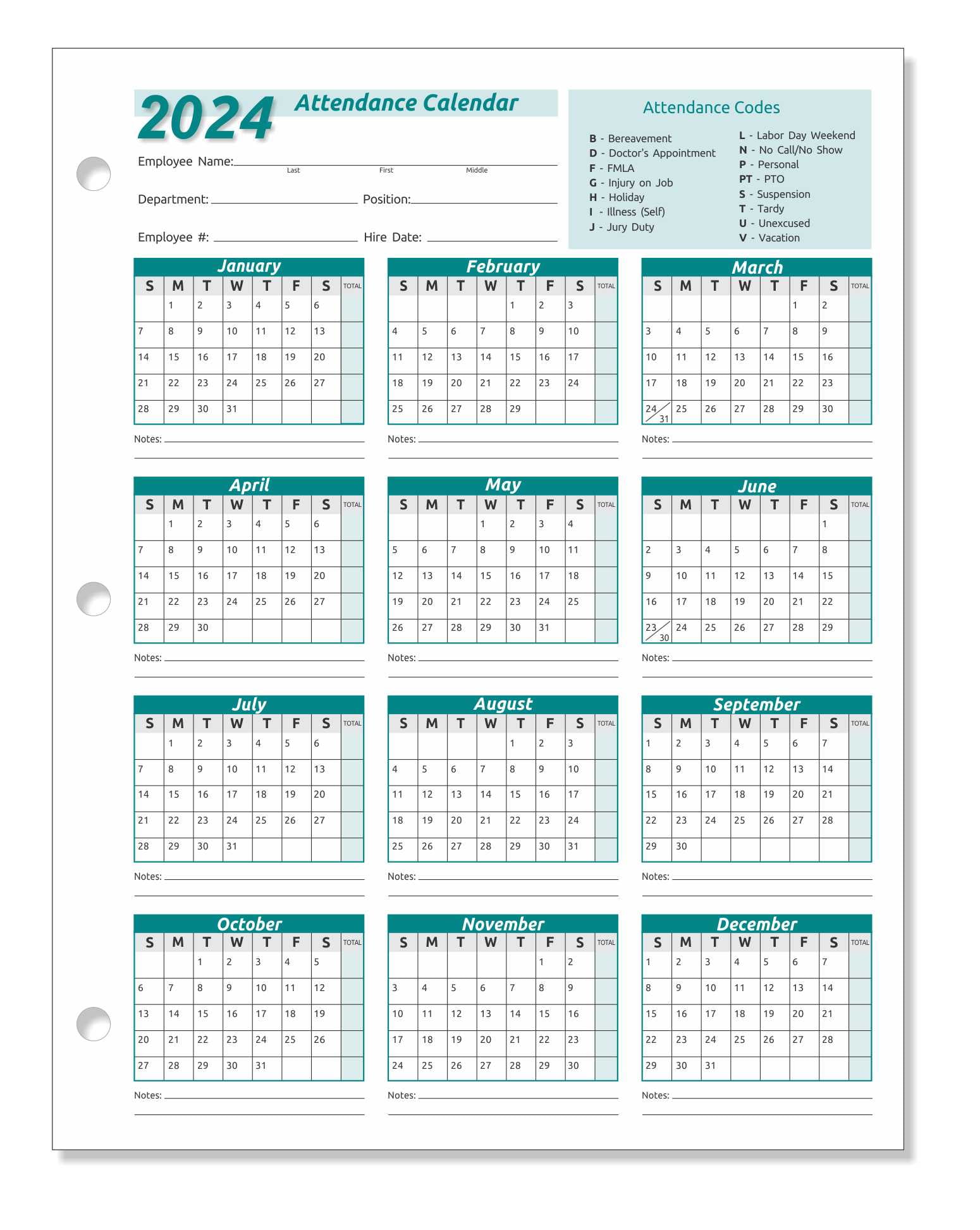 2024 Attendance Calendar Work Tracker Attendance Calendar, 56% OFF