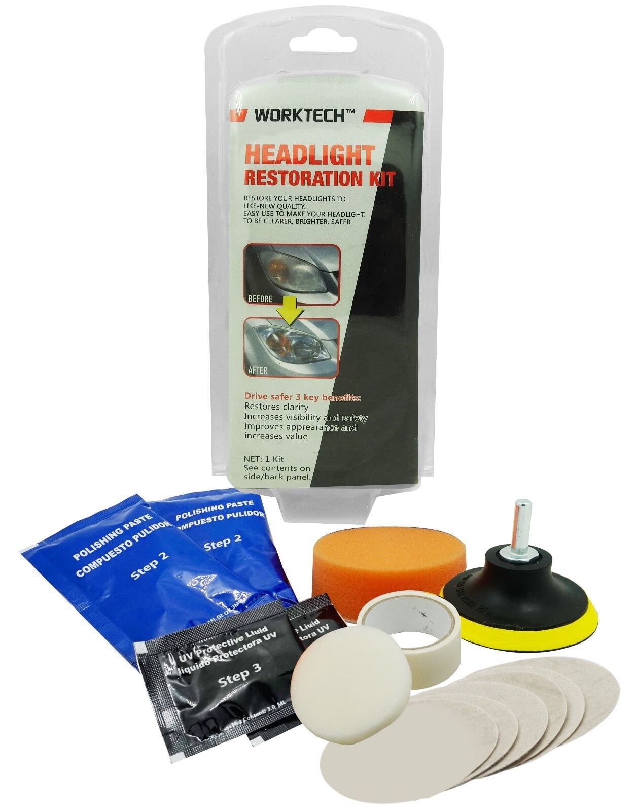WorkTech Premium Headlight Lens Restoration Kit Shine Polisher Cleaner ...