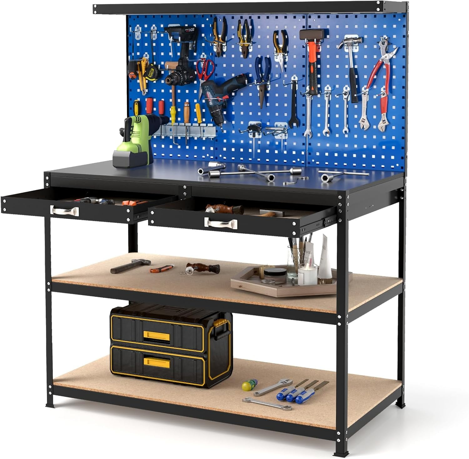 Workbench with Pegboard, 48" x 24" Work Table with Drawers, Open ...
