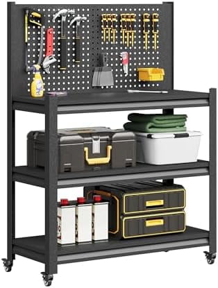 Workbench with Pegboard, Adjustable Heavy Duty Work Table with Wheels ...