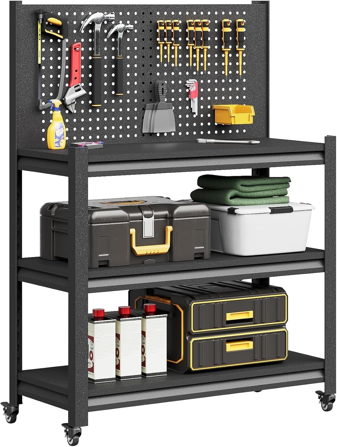 Workbench with Pegboard, Adjustable Heavy Duty Work Table with Wheels ...