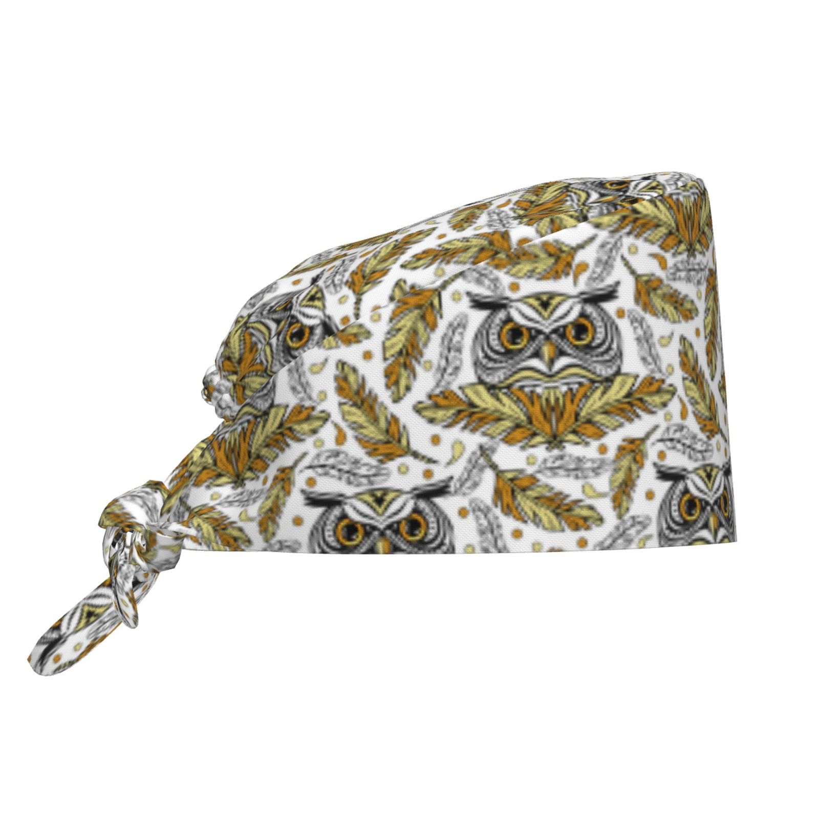 Working Caps, Feathered Owl Print Cleaning Cap with Adjustable Tie ...