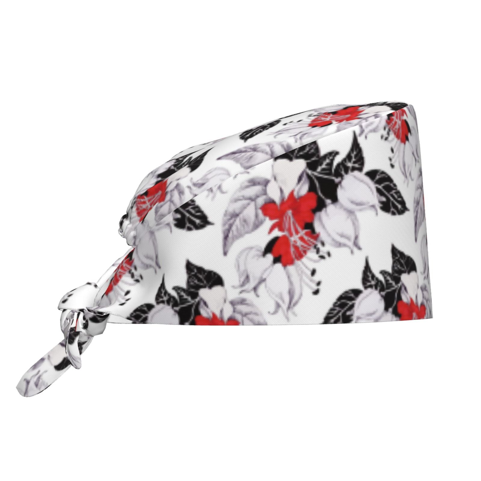 Working Caps, red white flowers black Cleaning Cap with Adjustable Tie ...