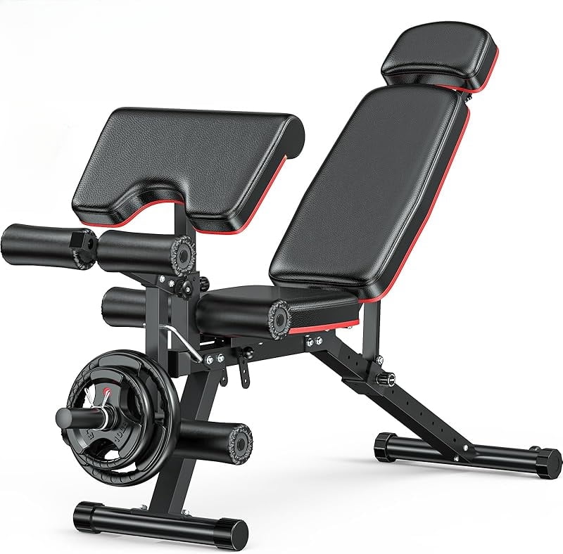 Workout Bench, Adjustable Weight Bench with Leg Extension and Leg Curl, Extended Headrest ...