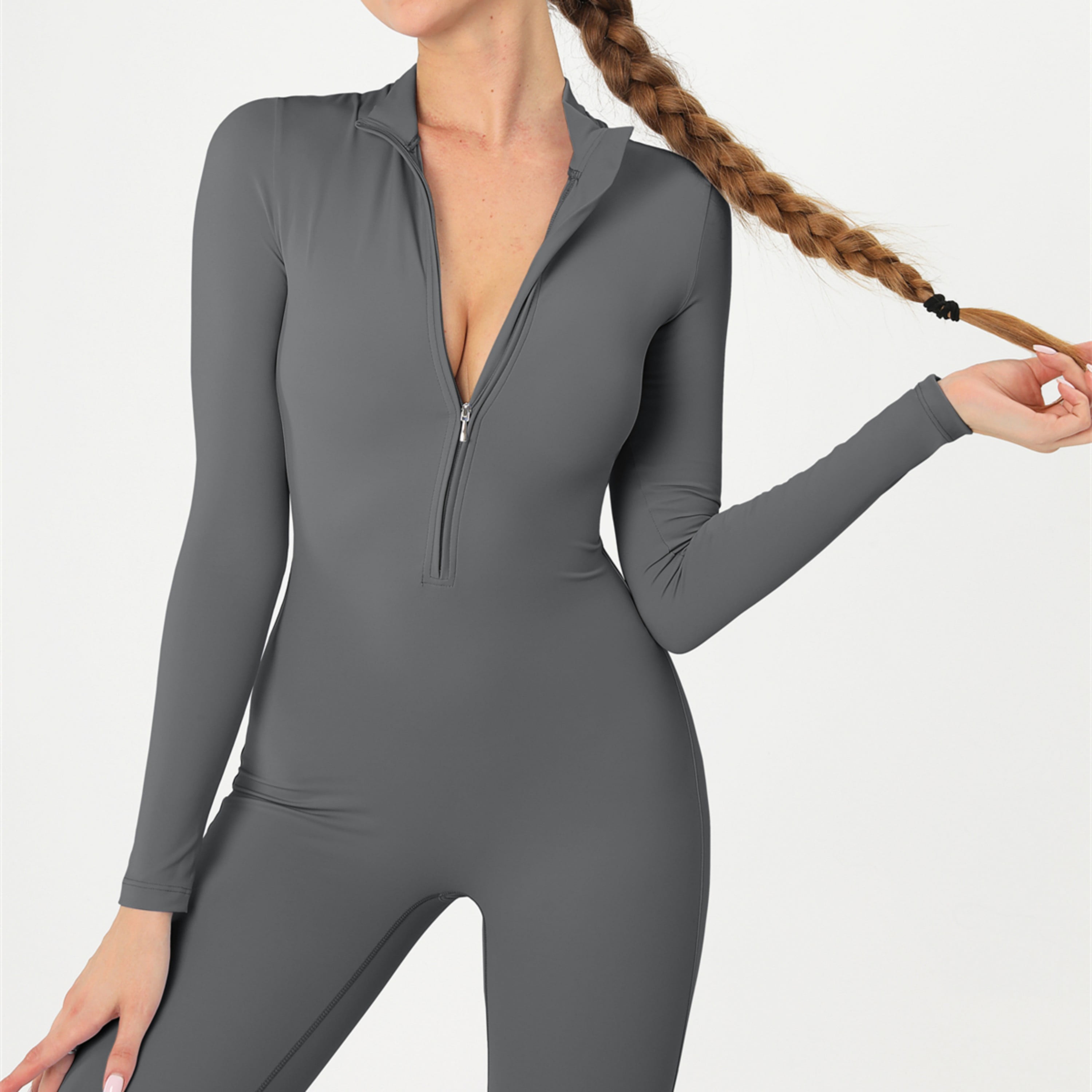 Workout Jumpsuits for Women,Kang Long Sleeve Zipper Fit Yoga Jumpsuits,Sexy Tummy Tucks,Grey-XL ...