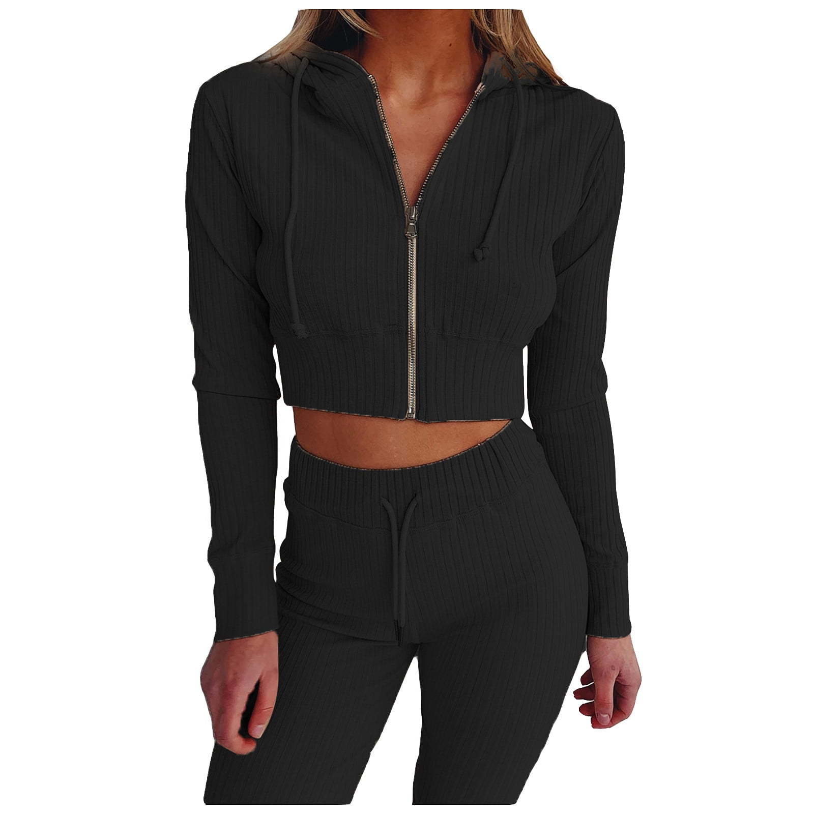 Workout Sets for Women 2 Piece Long Sleeve Zipper Crop Hoodie Tops ...