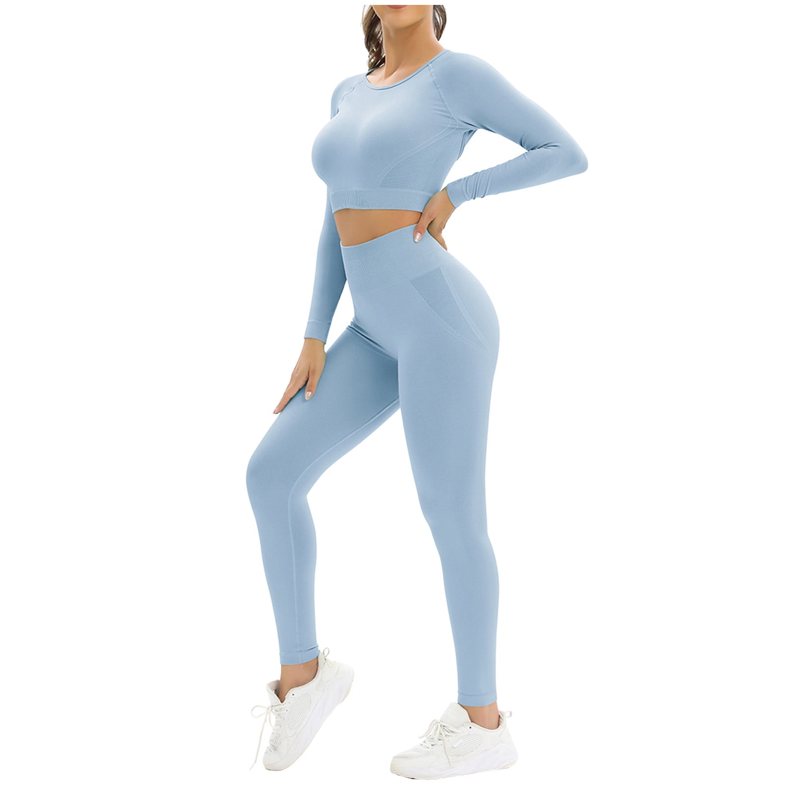 Workout Outfits for Women 2 Piece Seamless Long Sleeve Crop Tops and ...
