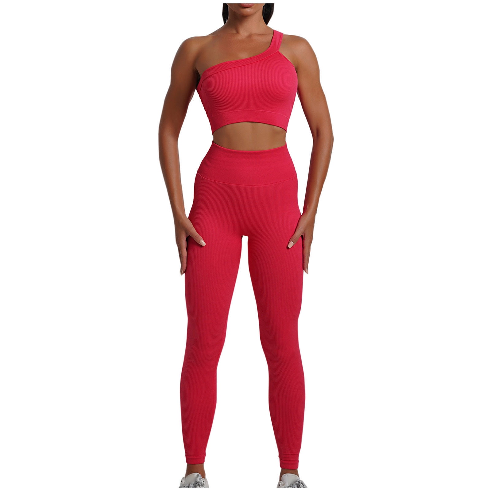 Workout Sets for Women qolati 2 Piece Yoga Outfits Ribbed Seamless One Shoulder Crop Tank and ...