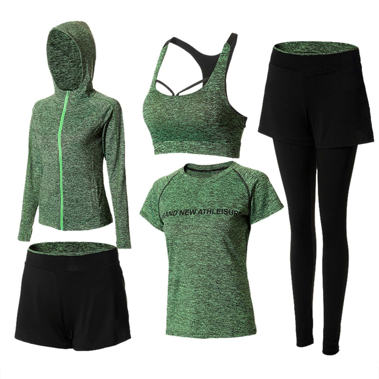 Workout Sets for Women Sports Yoga Clothing Set 5 Piece Dark Green Gym ...