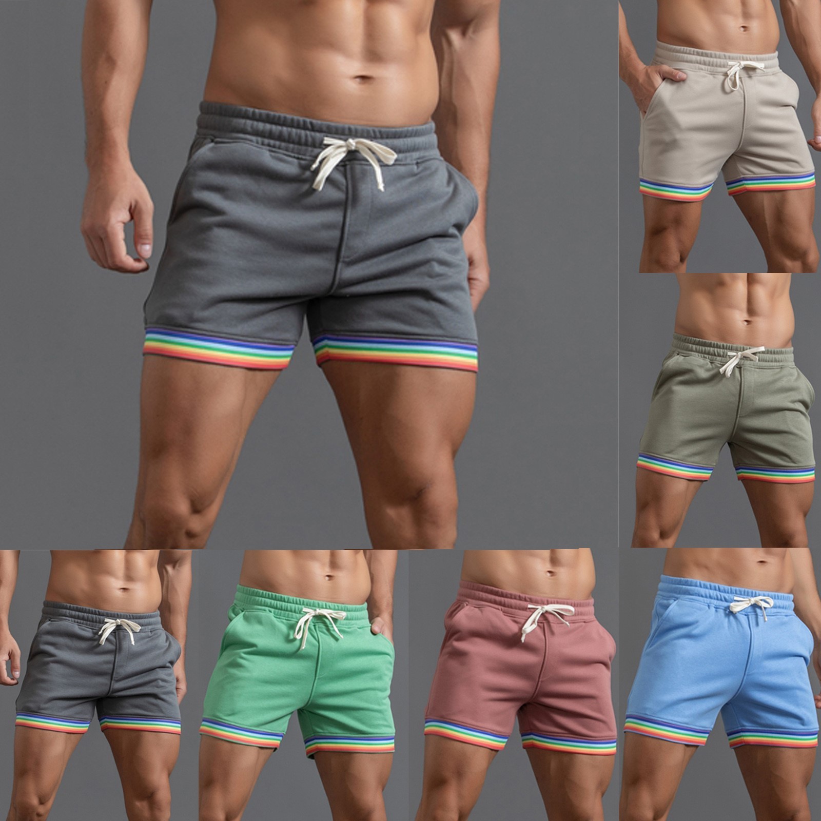 Workout Shorts Men Solid Color Rainbow Hot Pants Pocket Drawstring ...