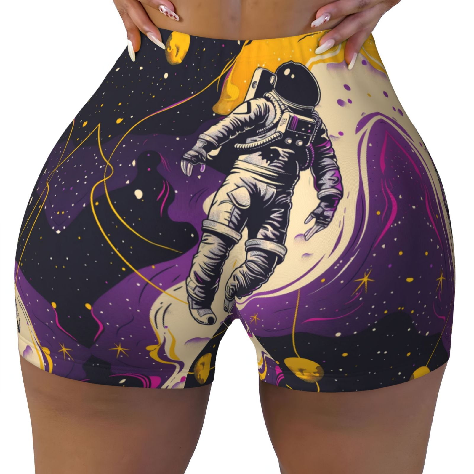 Workout Shorts Women, Astronaut Floating purple Space Biker Shorts for ...