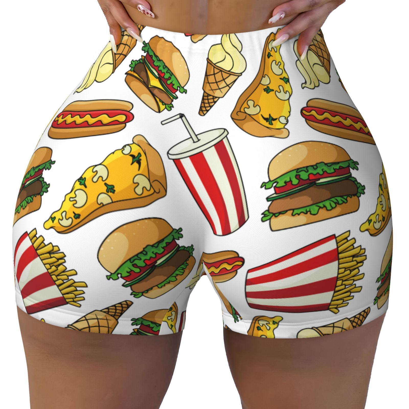 Workout Shorts Women, Cute Food Ice Cream Burger Seamless Scrunch Butt ...