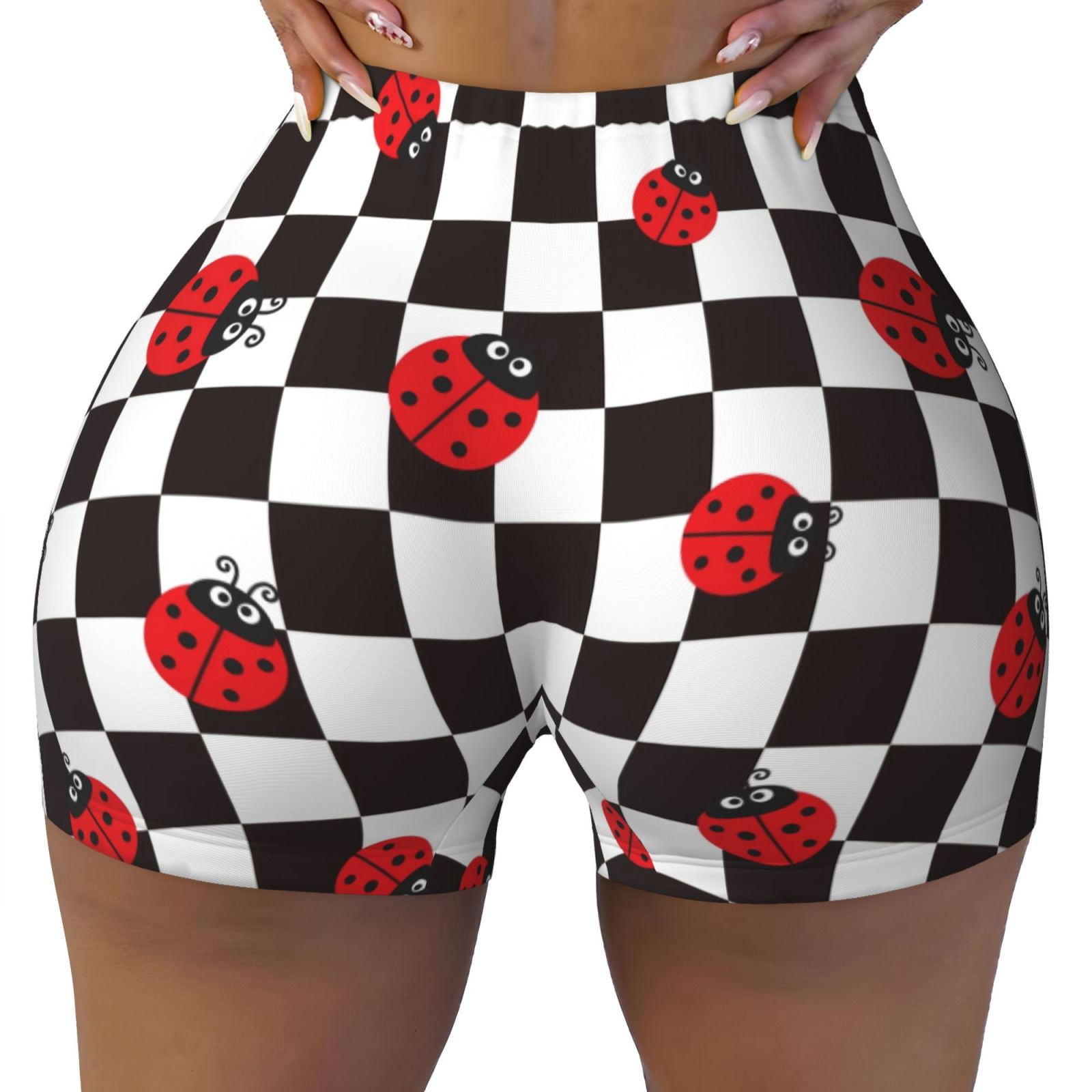 Workout Shorts Women, Ladybugs Of Black And White Checkers Biker Shorts ...
